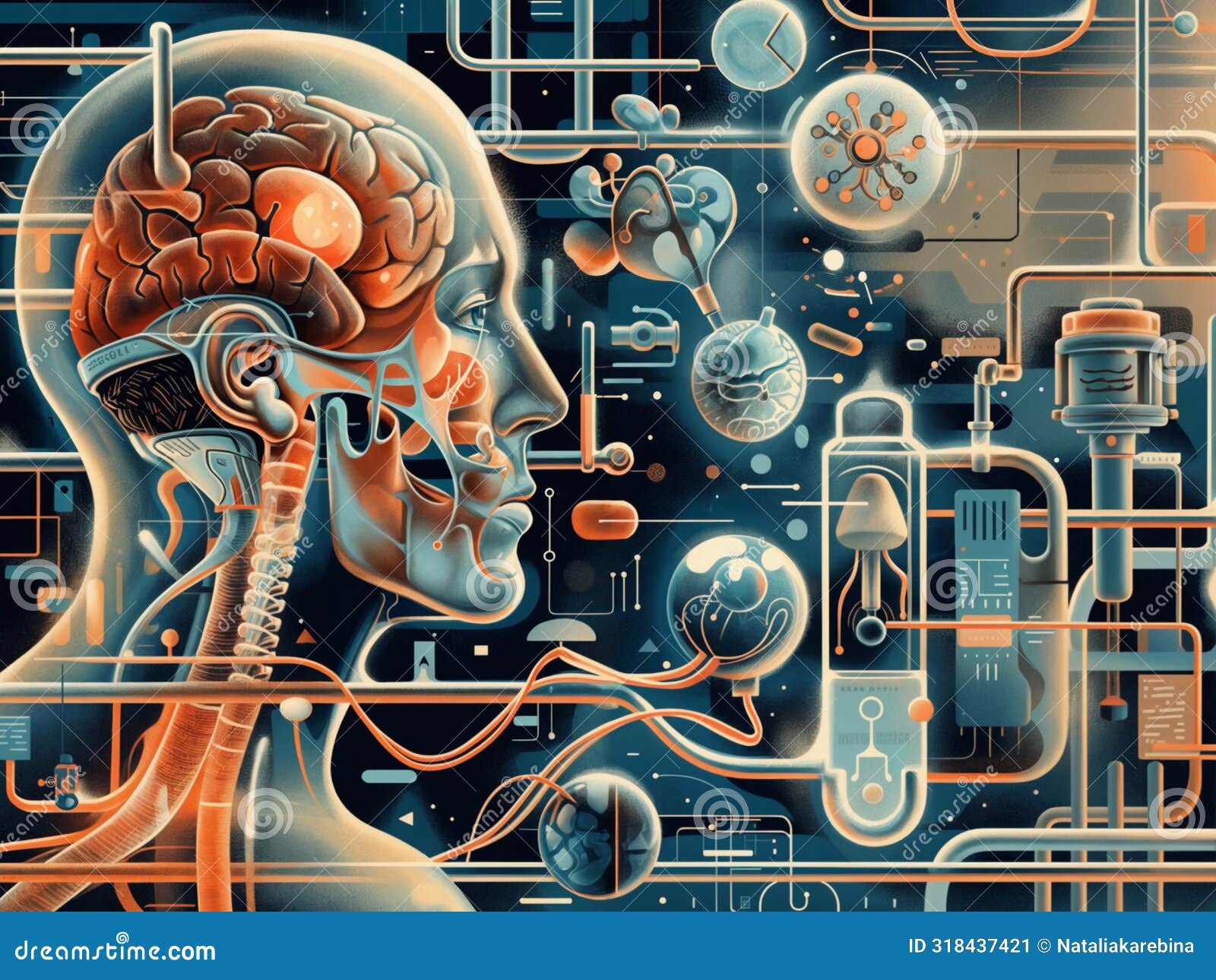 Illustration of a Human Head with a Large Brain, Surrounded by Various ...