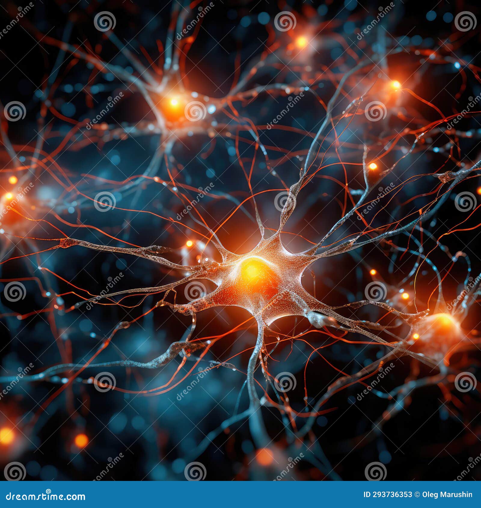 Illustration of a Human Nerve Cell on a Dark Blue Background with Light ...