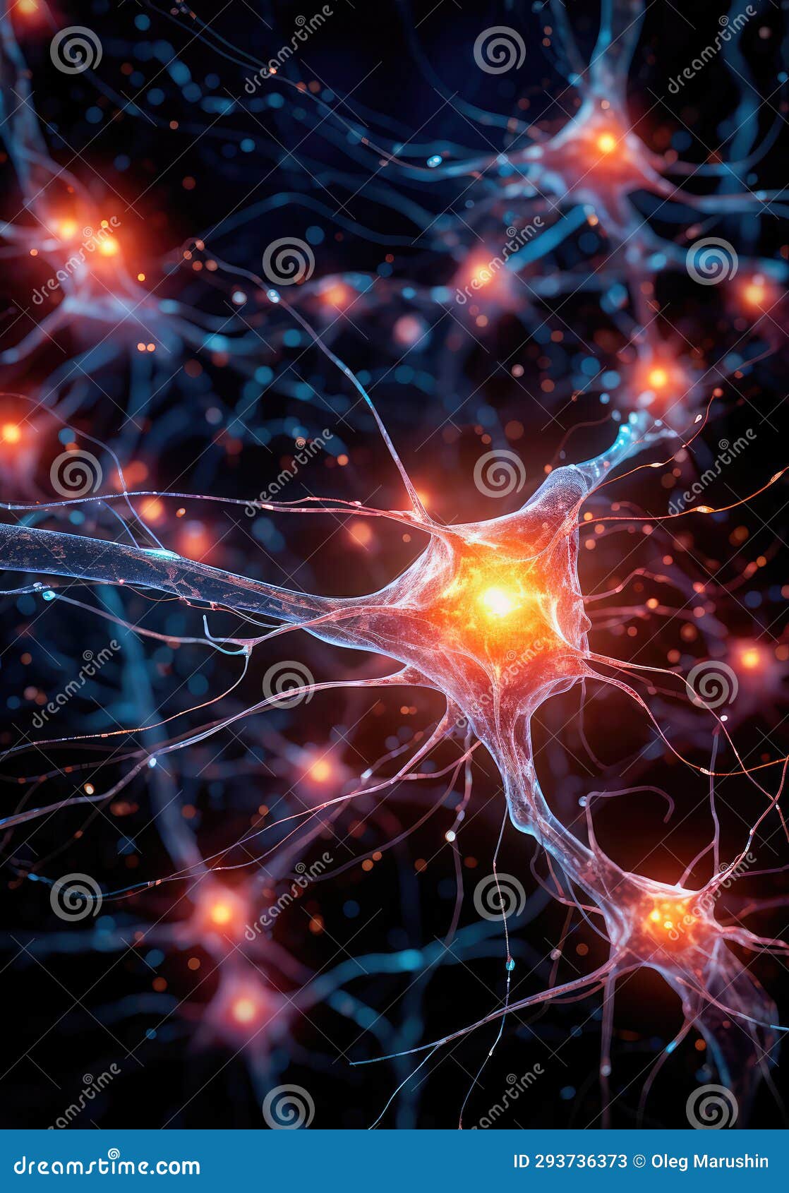 Illustration of a Human Nerve Cell on a Dark Blue Background with Light ...