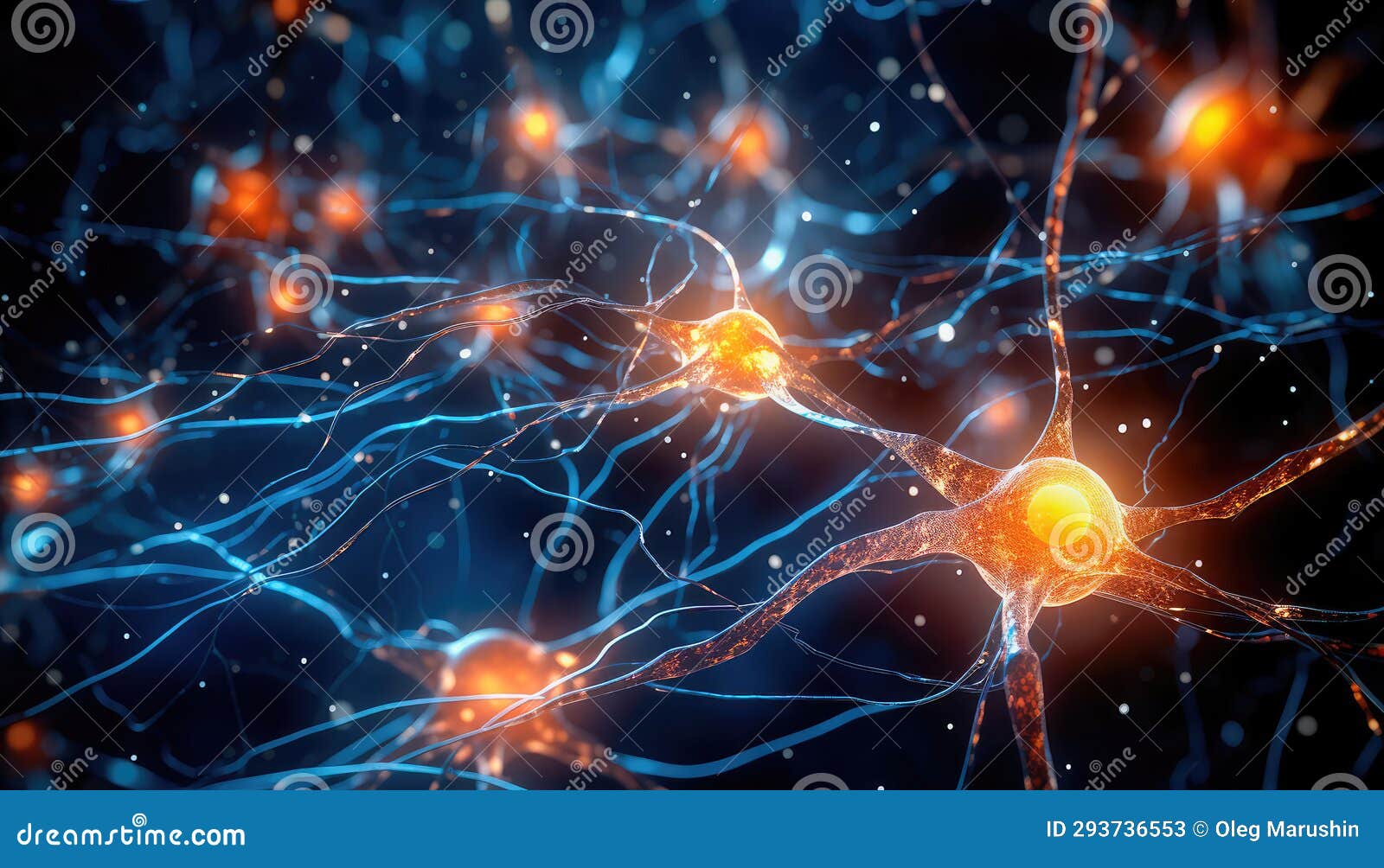 Illustration of a Human Nerve Cell on a Dark Blue Background with Light ...