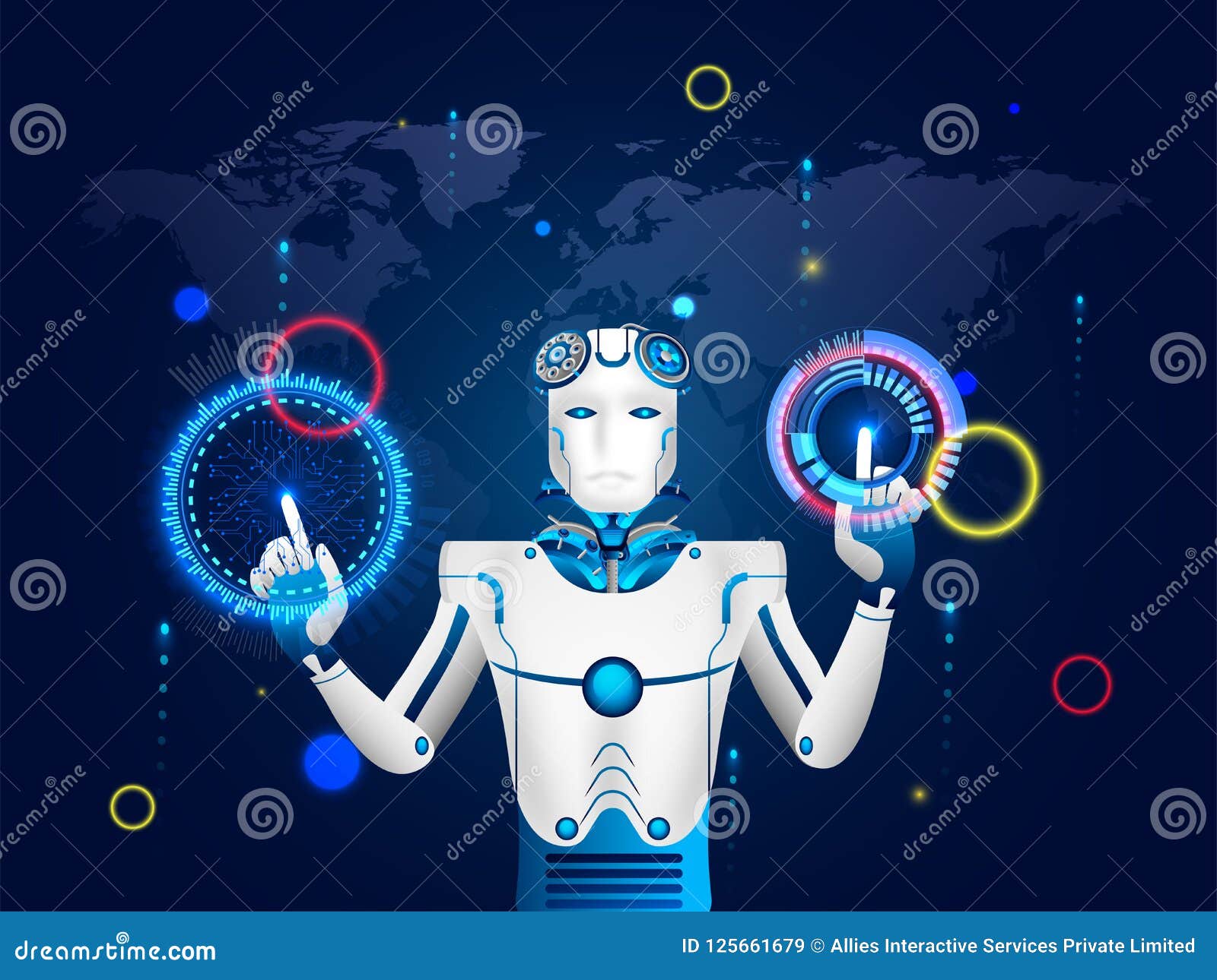 Illustration Of Humanoid Robot Working With Virtual HUD Interface ...