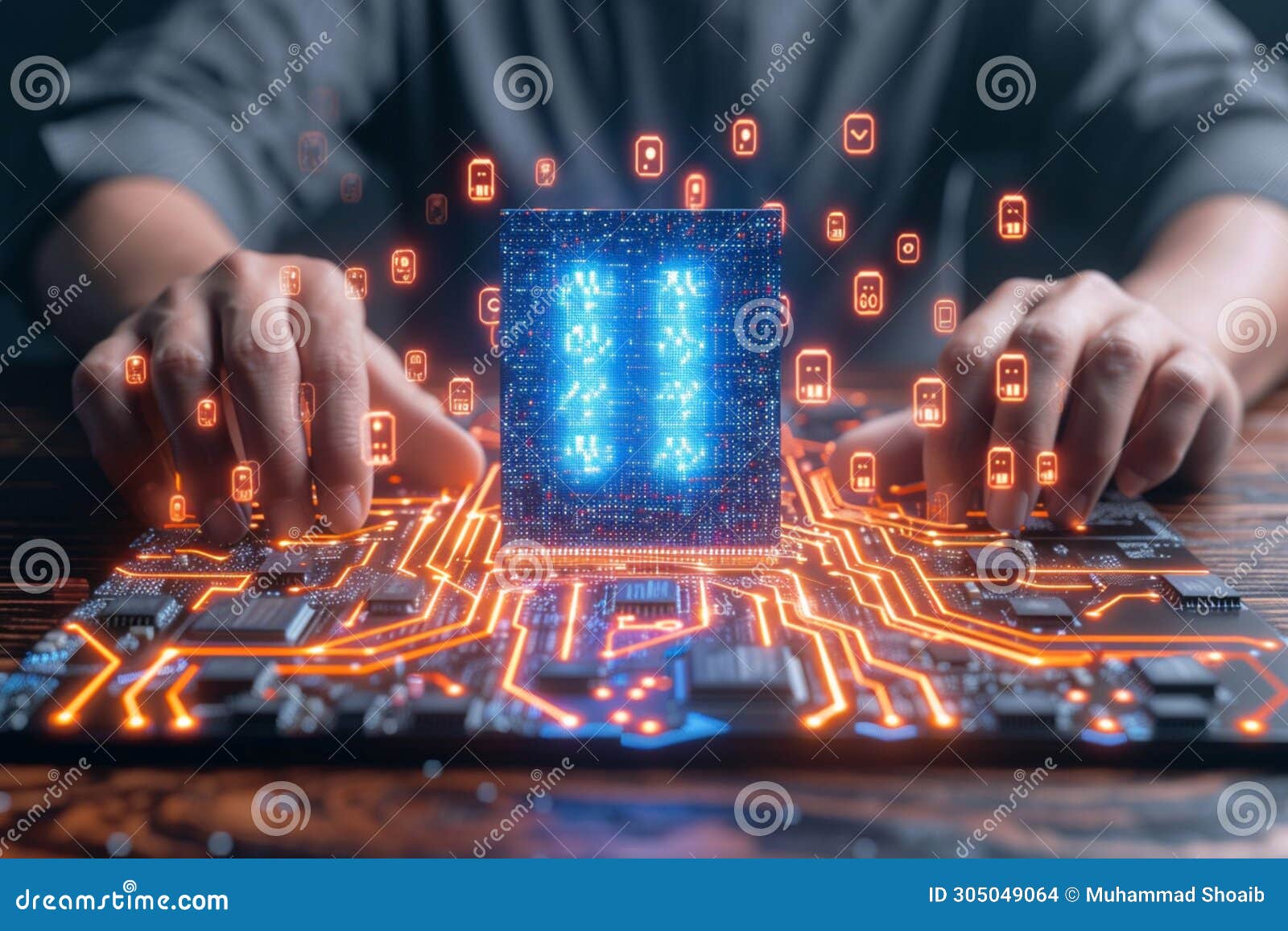 Illustration Of Icons, Electronic Chips, And Symbols Denoting AI ...