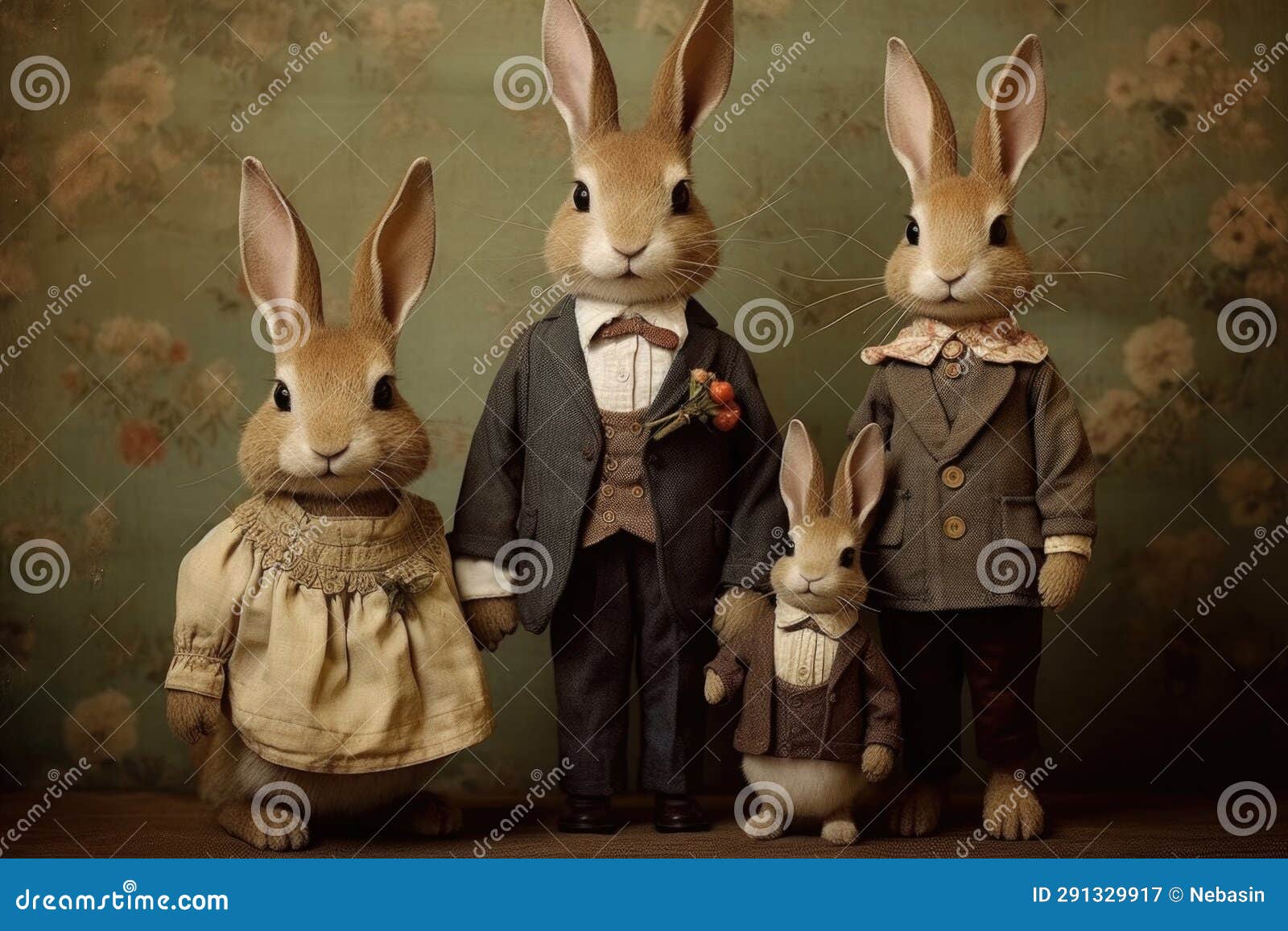 Illustration Image of a Family of Rabbits Dressed in Old-fashioned ...