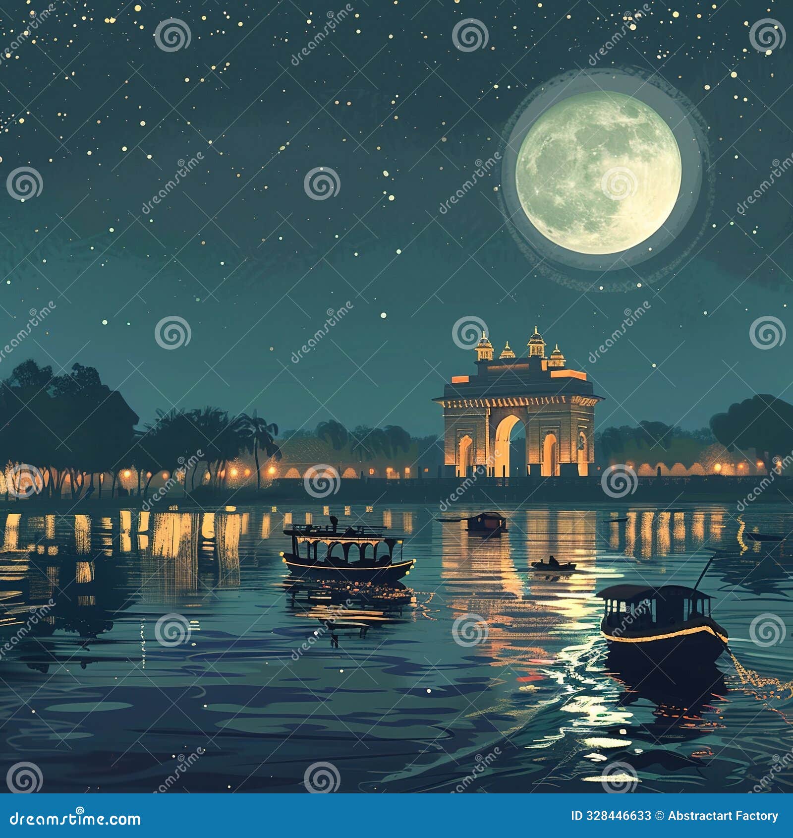 Illustration of a India Gate with Boat on the Side of Water on the ...