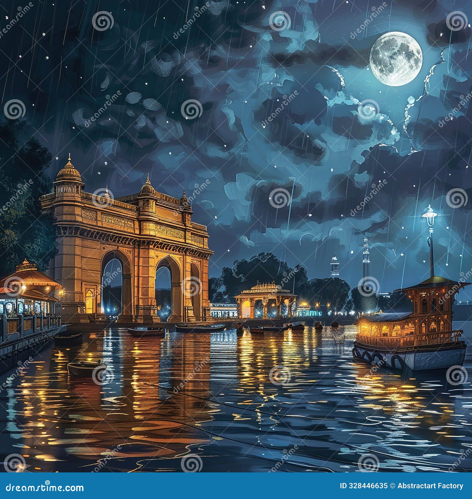 Illustration of a India Gate with Boat on the Side of Water on the ...