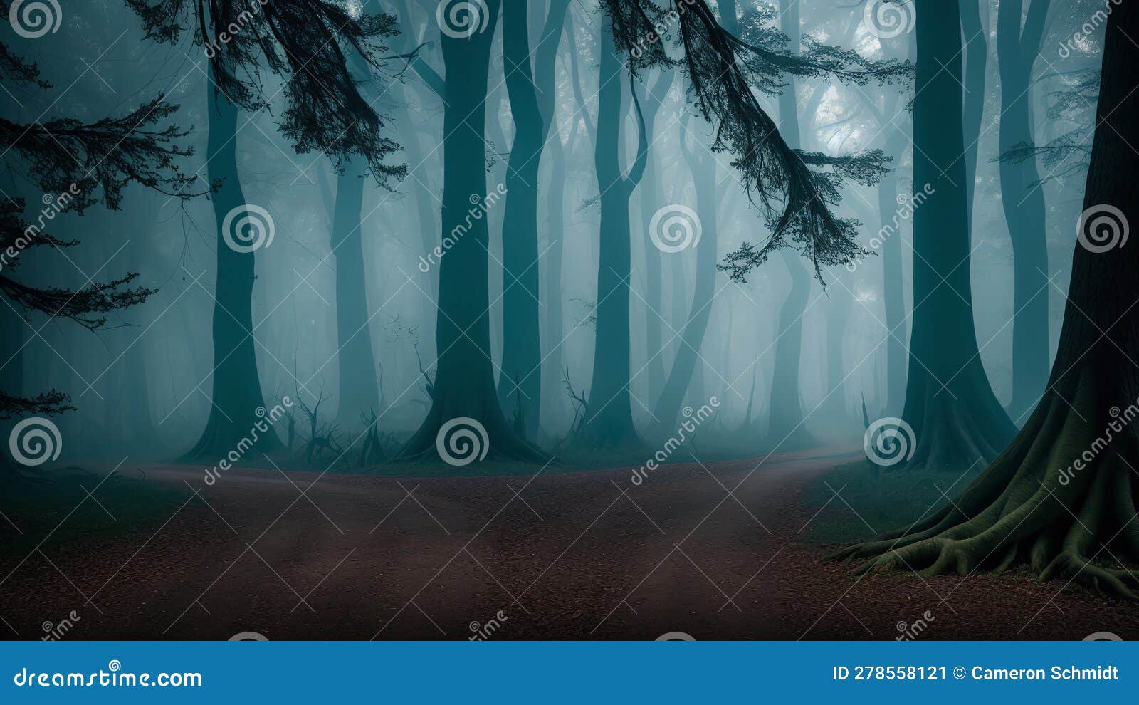 An Illustration of an Intriguing Forest Scene with a Path through the ...