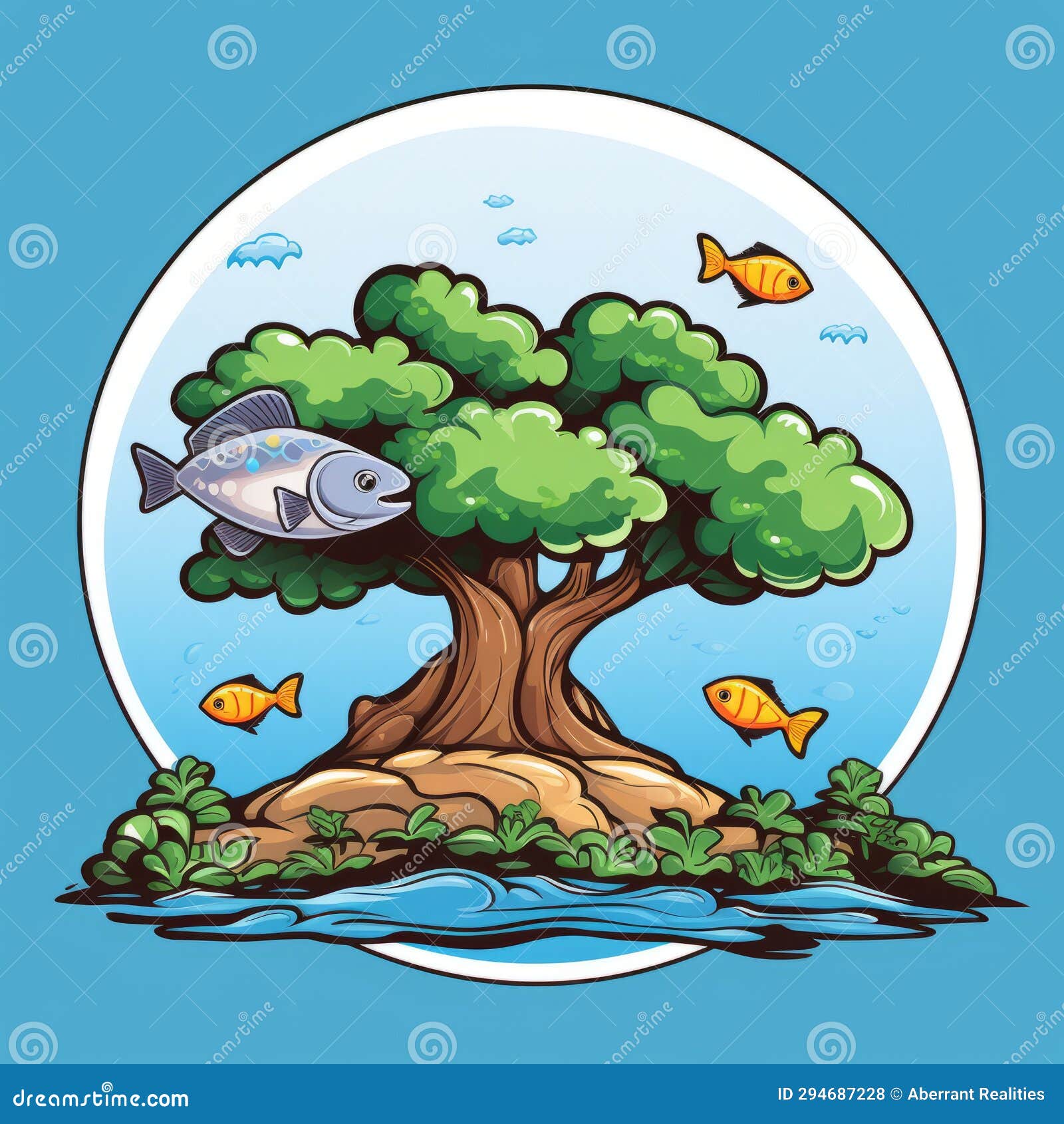 An Illustration of an Island with a Tree and Fish Stock Illustration ...