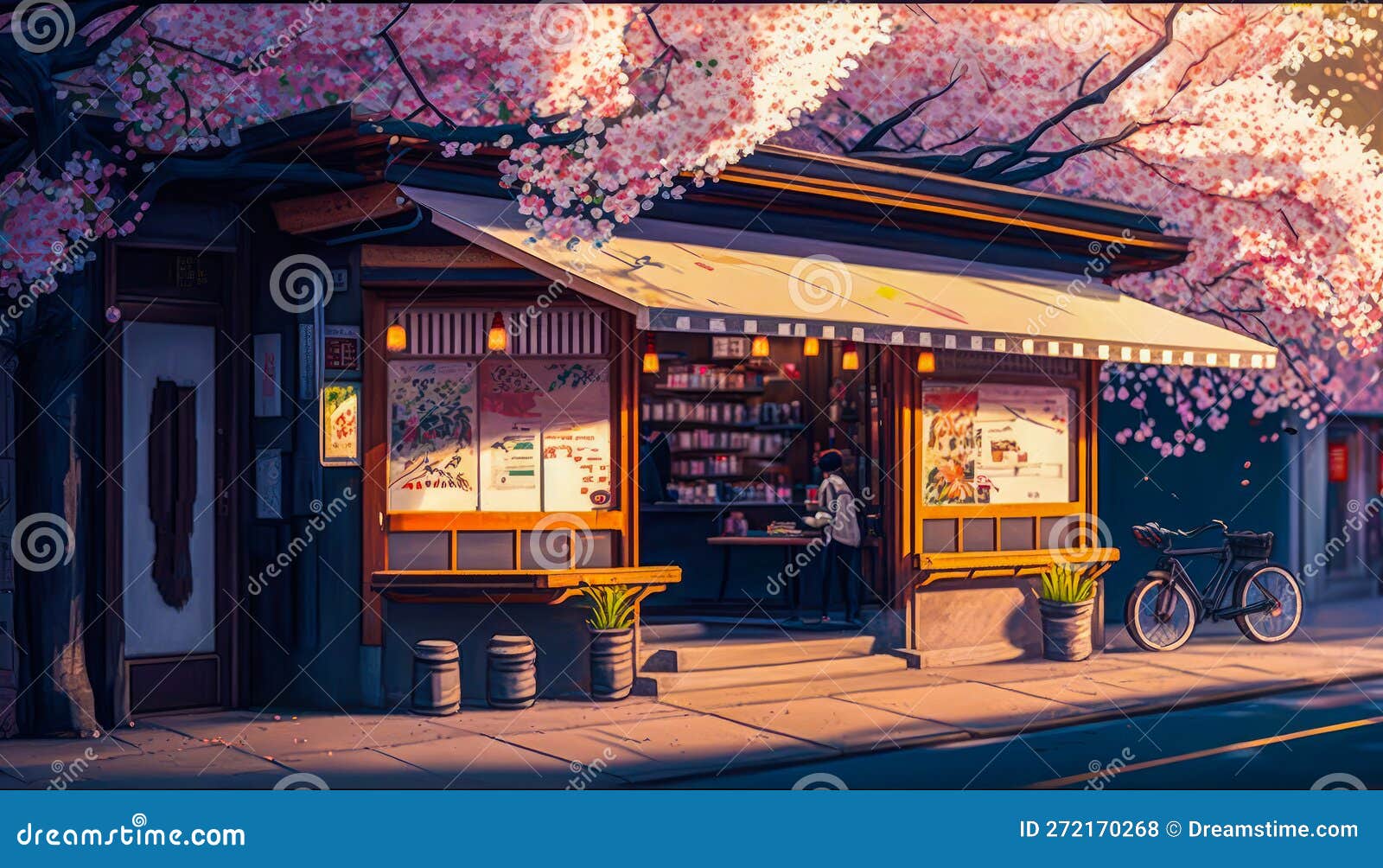 An Illustration of Japanese Store with Cherry Blossoms. Generative AI ...
