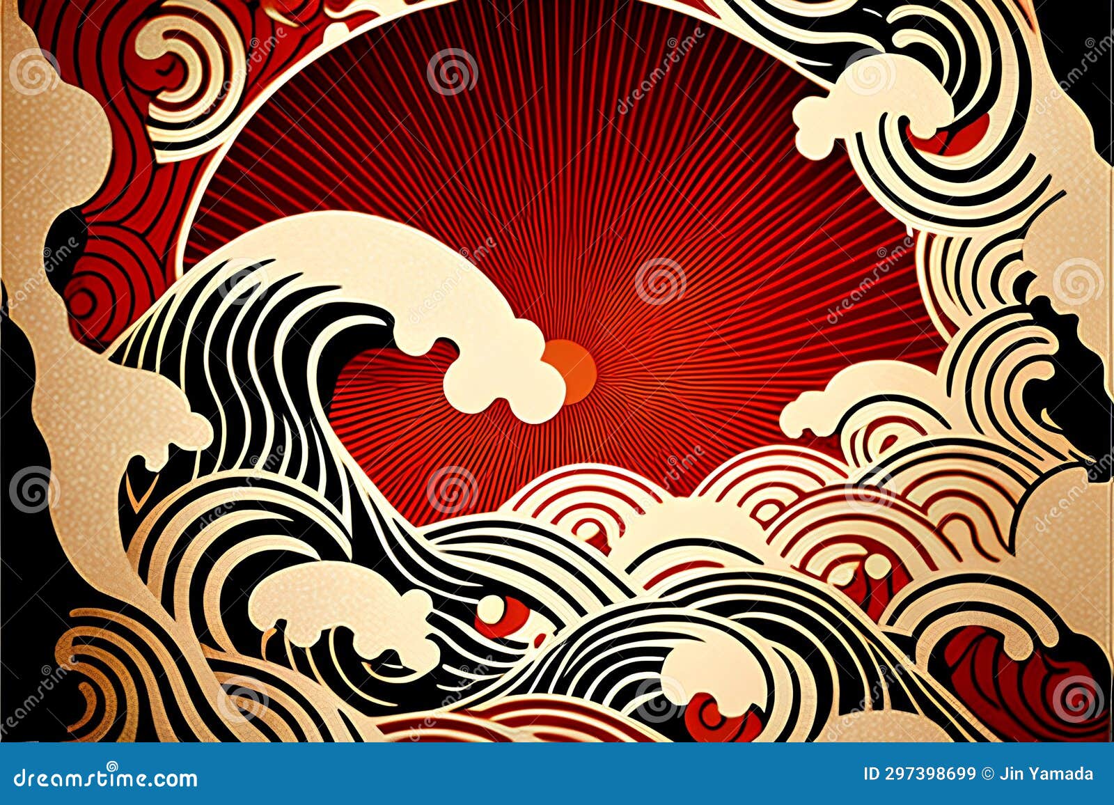 Illustration of a Japanese Wave Pattern with Sun and Clouds Stock ...