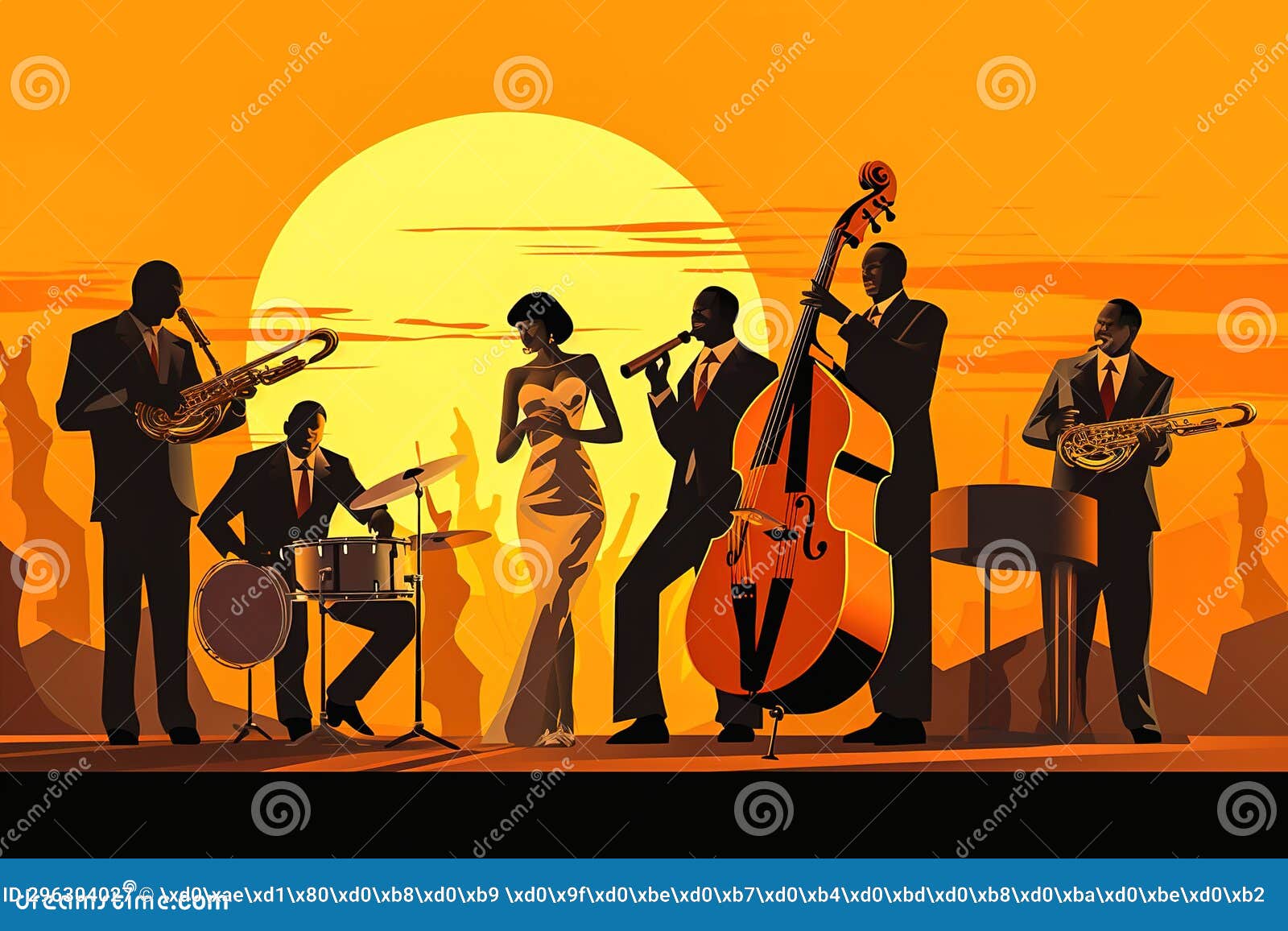 Illustration of a Jazz Band Performing on Stage. Stock Image - Image of ...