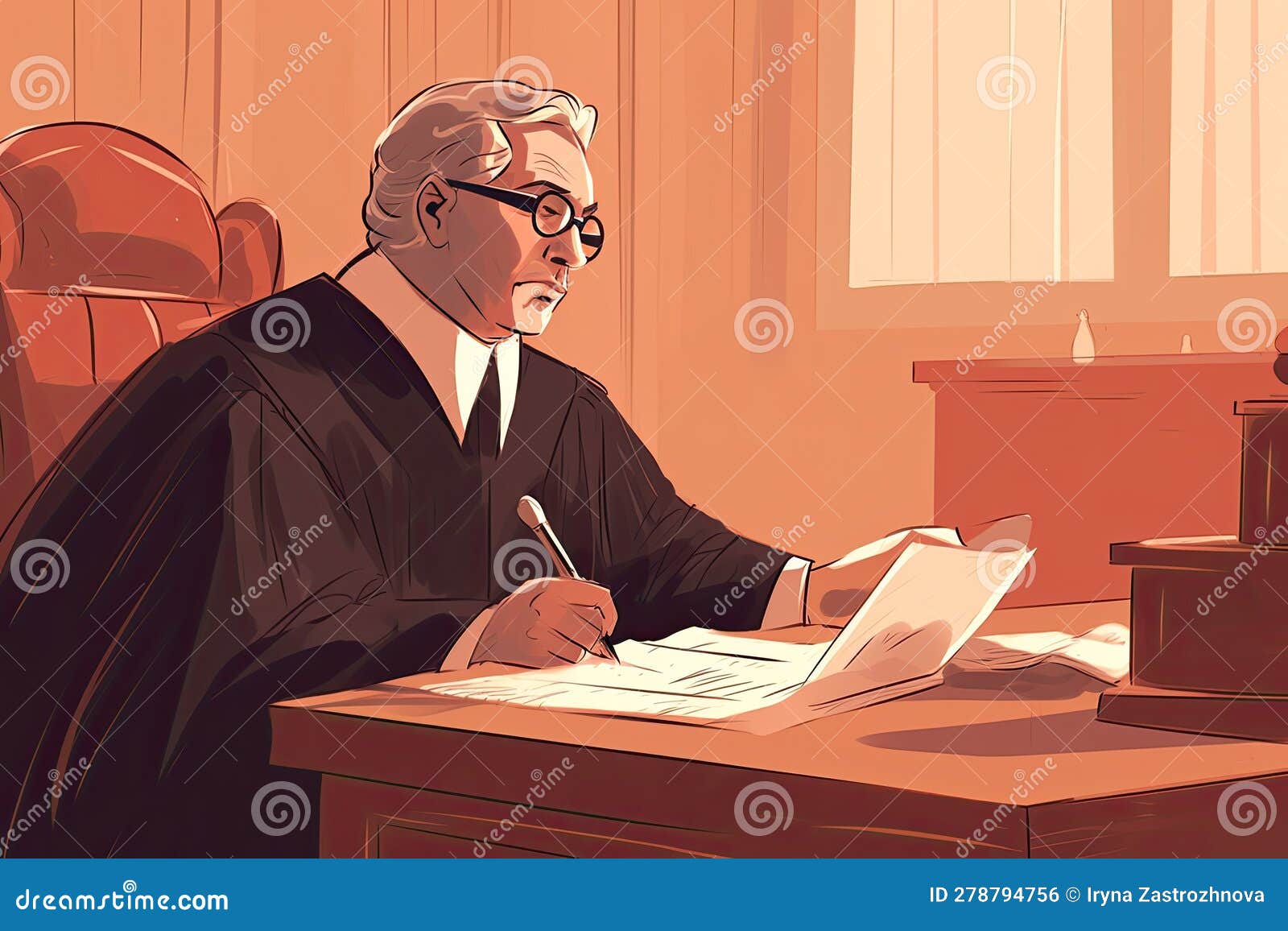 Illustration of a Judge in a Black Robe at a Court Session Taking Notes ...