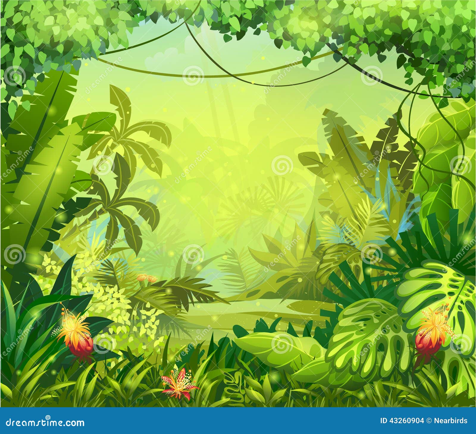 Illustration Jungle with Red Flowers Stock Vector - Illustration of ...