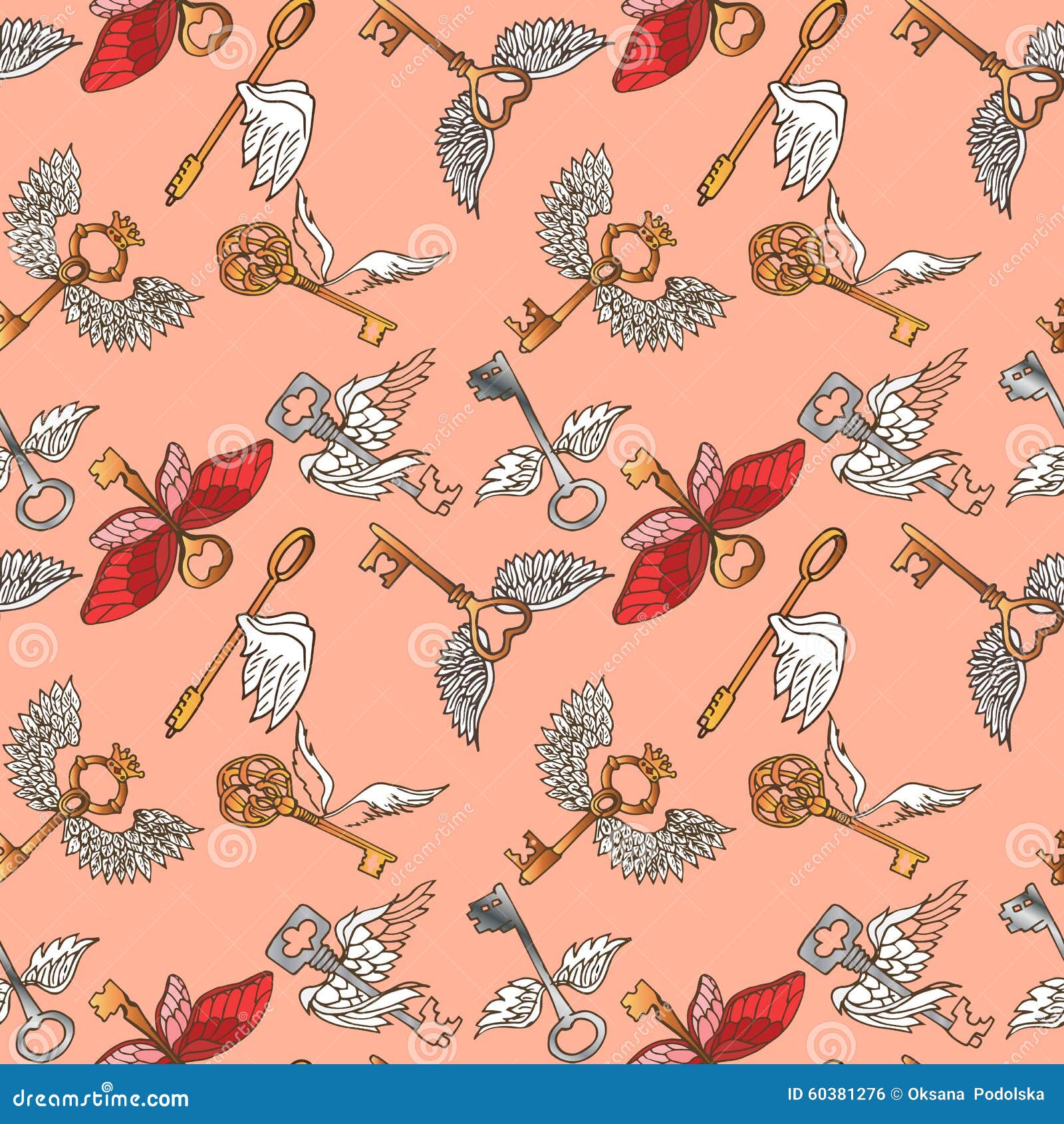 Illustration of the Key with Wings. Flying Keys. Seamless Pattern ...