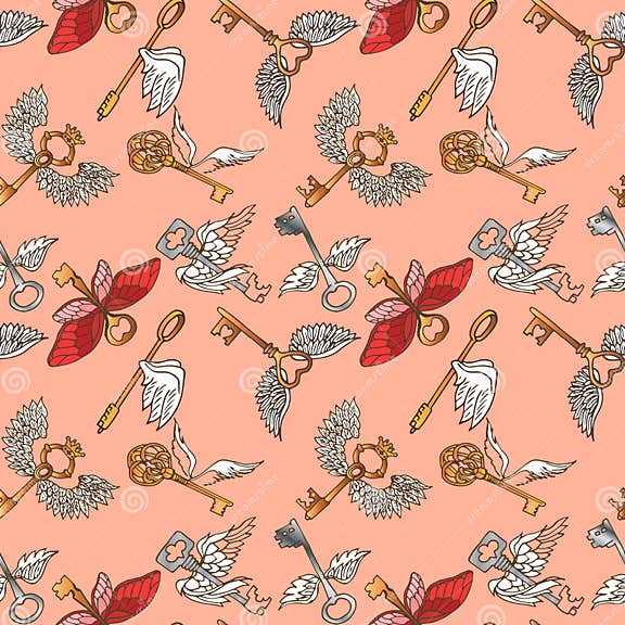 Illustration of the Key with Wings. Flying Keys. Seamless Pattern ...