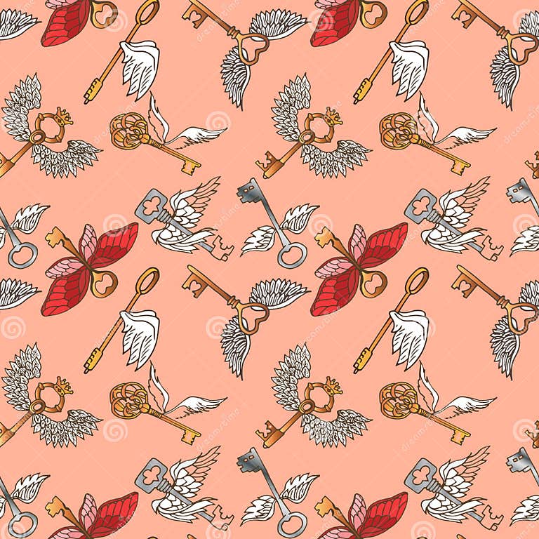 Illustration of the Key with Wings. Flying Keys. Seamless Pattern ...