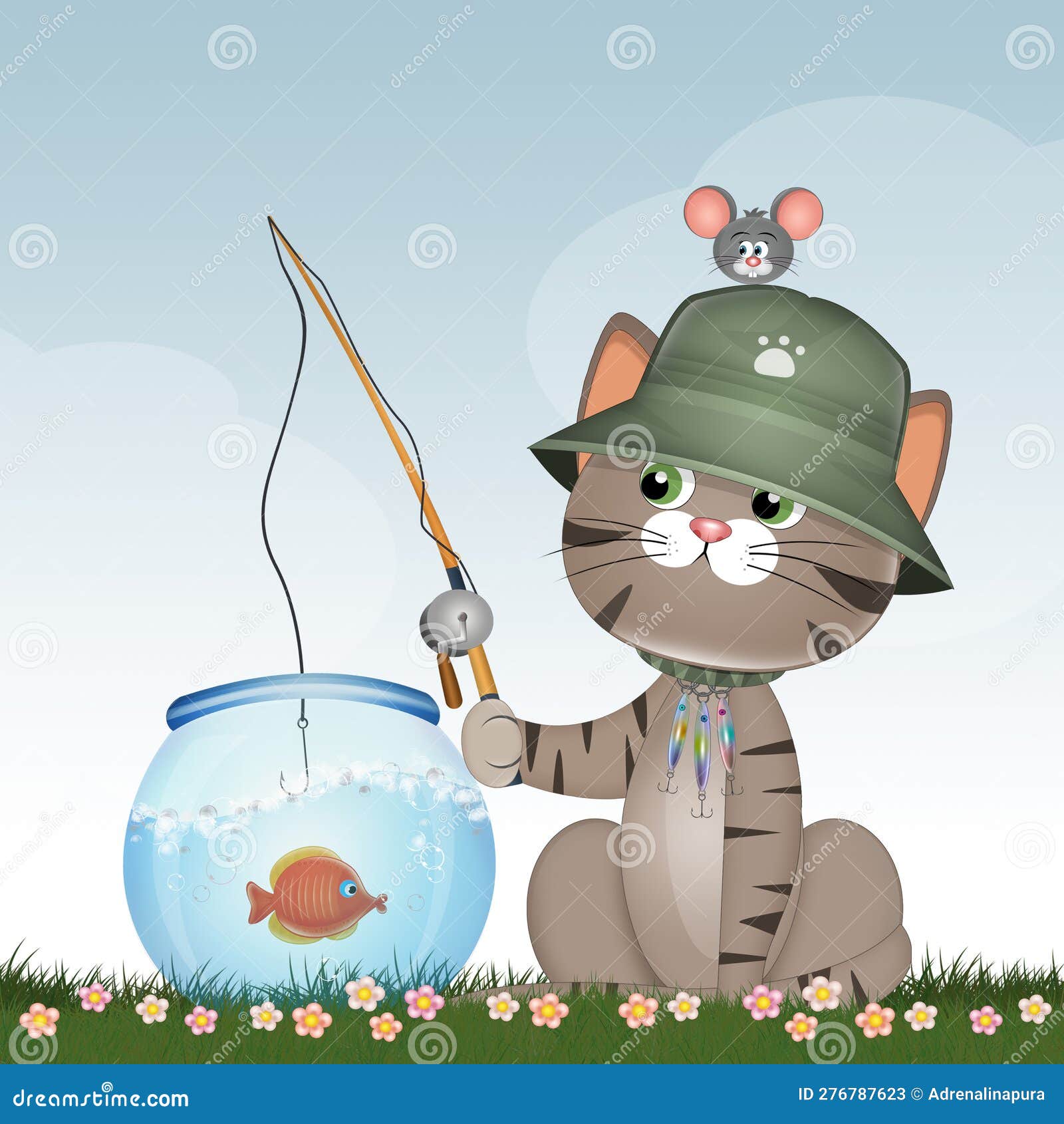 Illustration of the Kitten Catching the Little Fish Stock Illustration ...