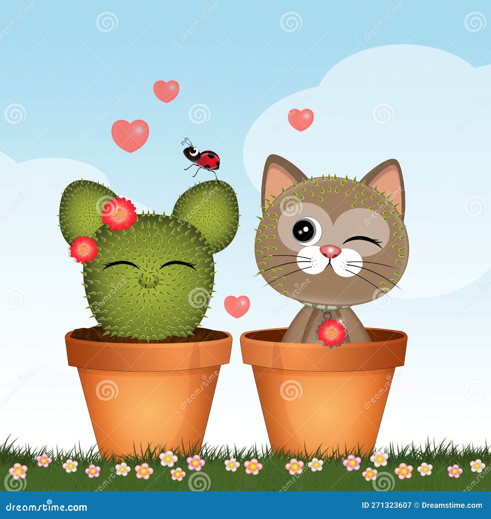 Illustration of Kitten in the Pot with Cat Shaped Cactus Stock ...