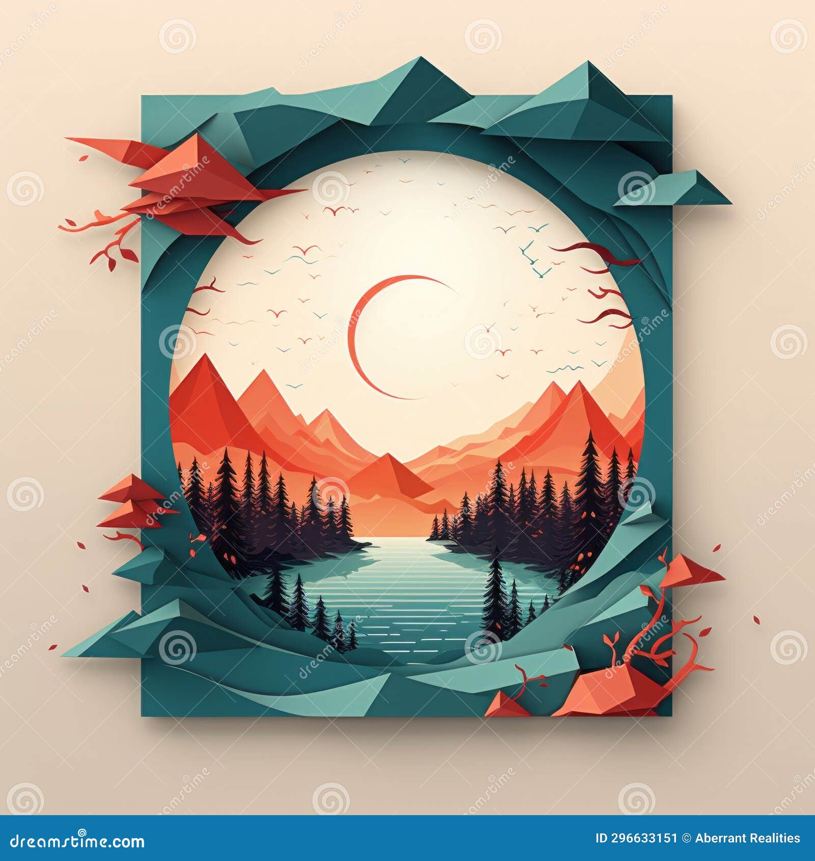 An Illustration of a Lake and Mountains in a Paper Cutout Frame Stock ...