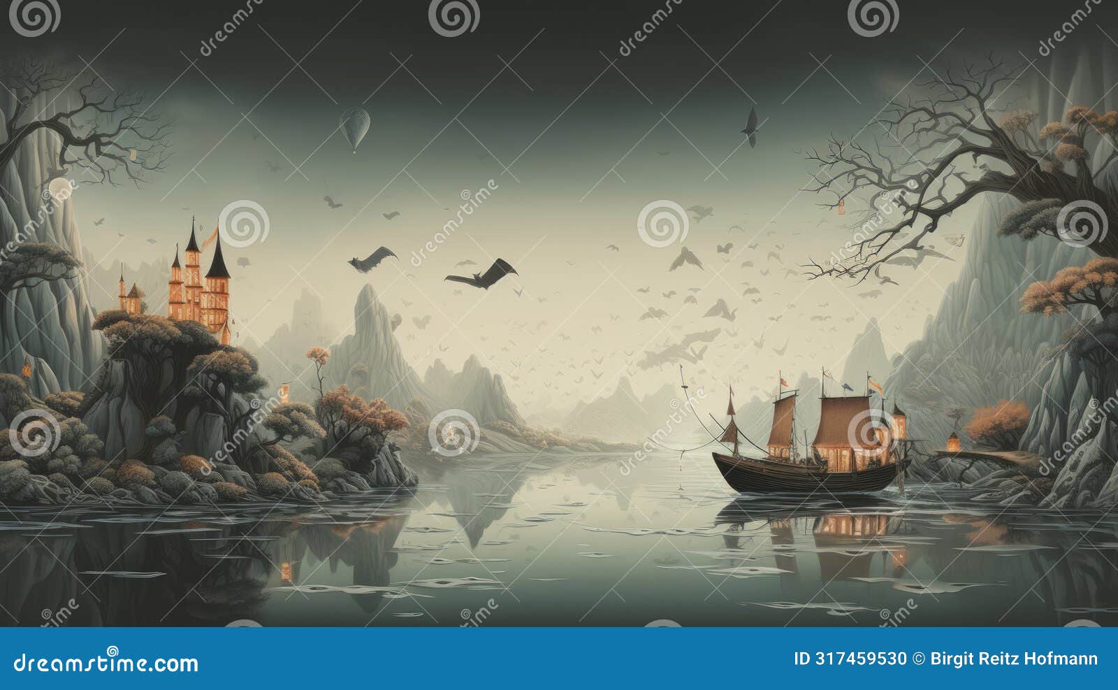 Illustration Landscape with Castle and Sailing Ship Stock Illustration ...