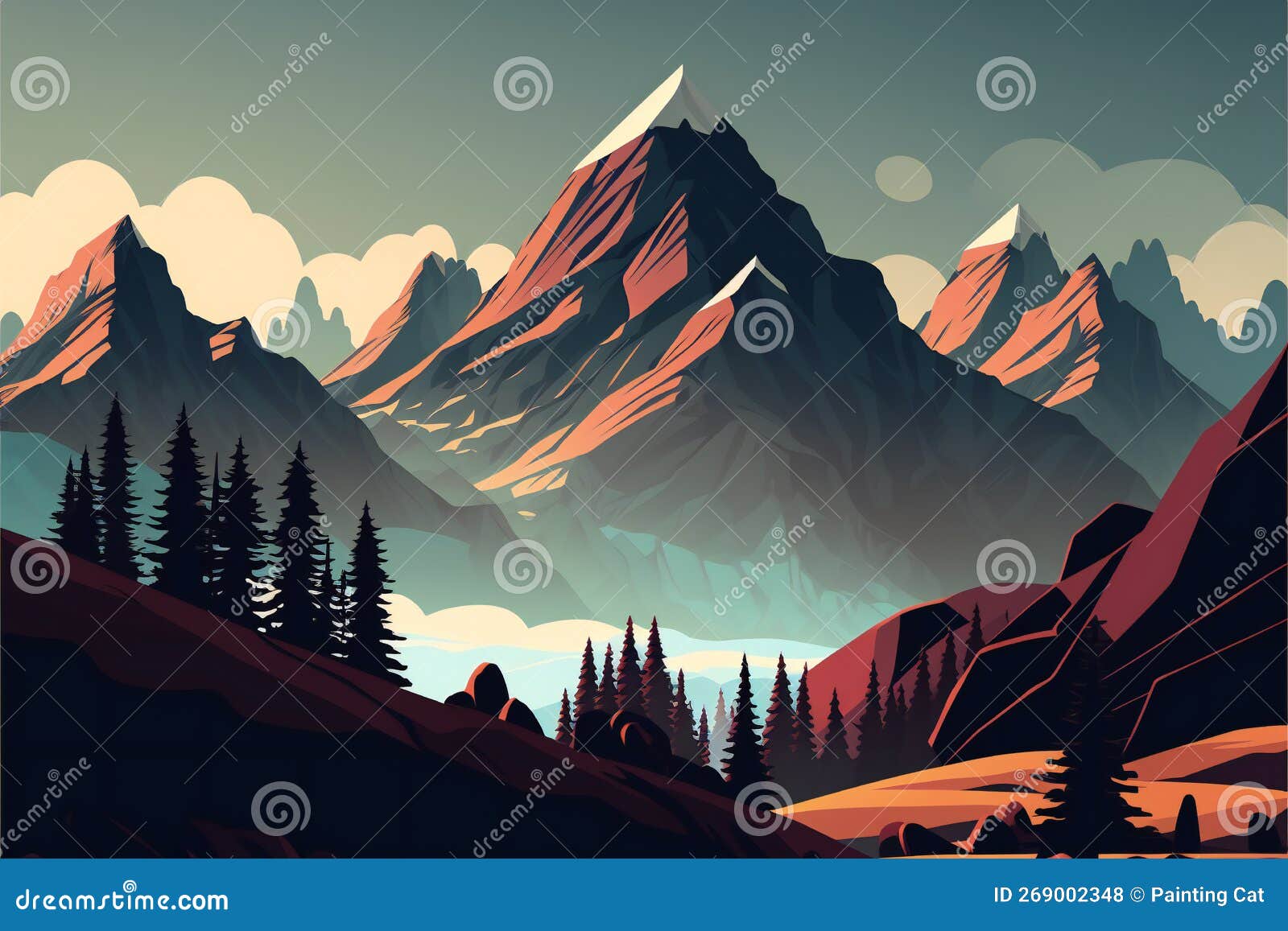 A Landscape of Mountain Range, Creative Digital Illustration Painting ...