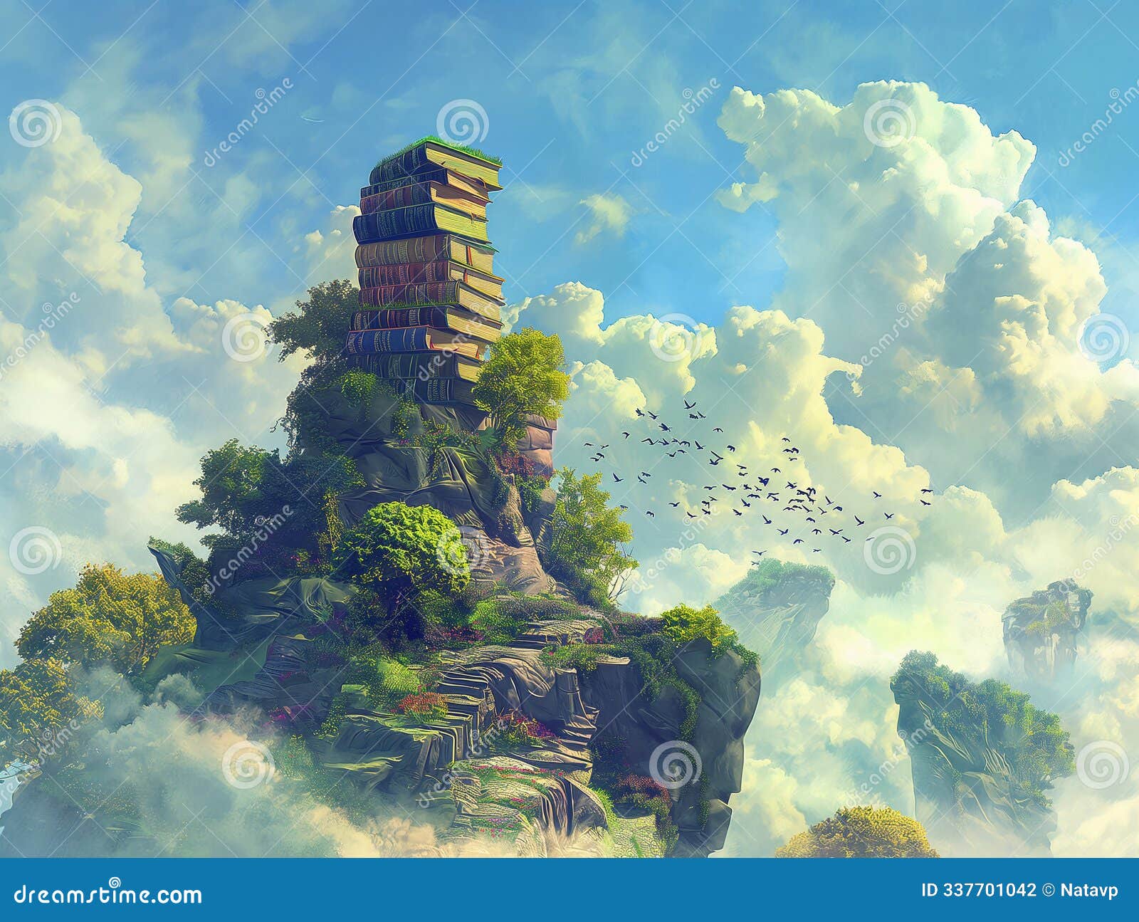 Illustration of Landscape with Stack of Magical Books Stock ...