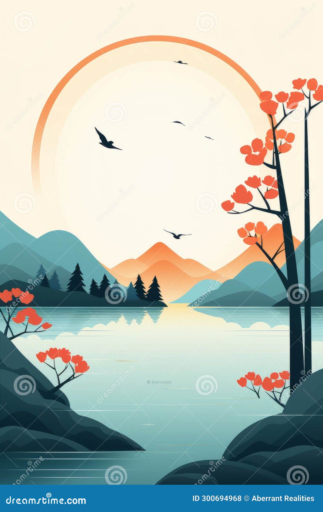 An Illustration of a Landscape with Trees and Birds Flying Over the ...