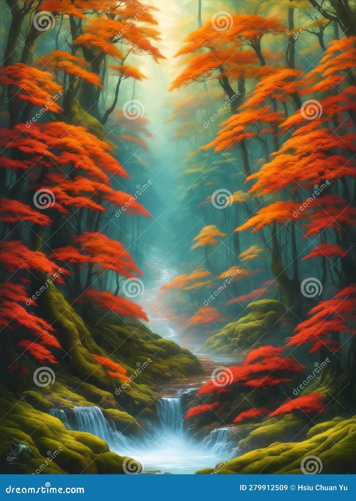 Illustration Landscape View of Red Leaf Forest and Creek, Created with ...
