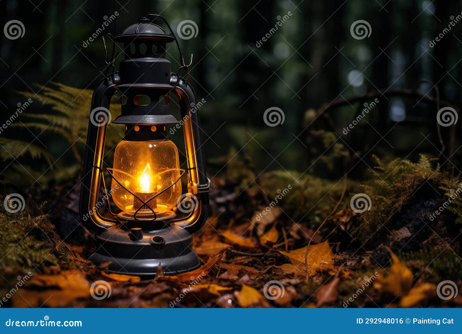 Lantern in the Forest, Vintage Lantern in the Woods Stock Illustration ...