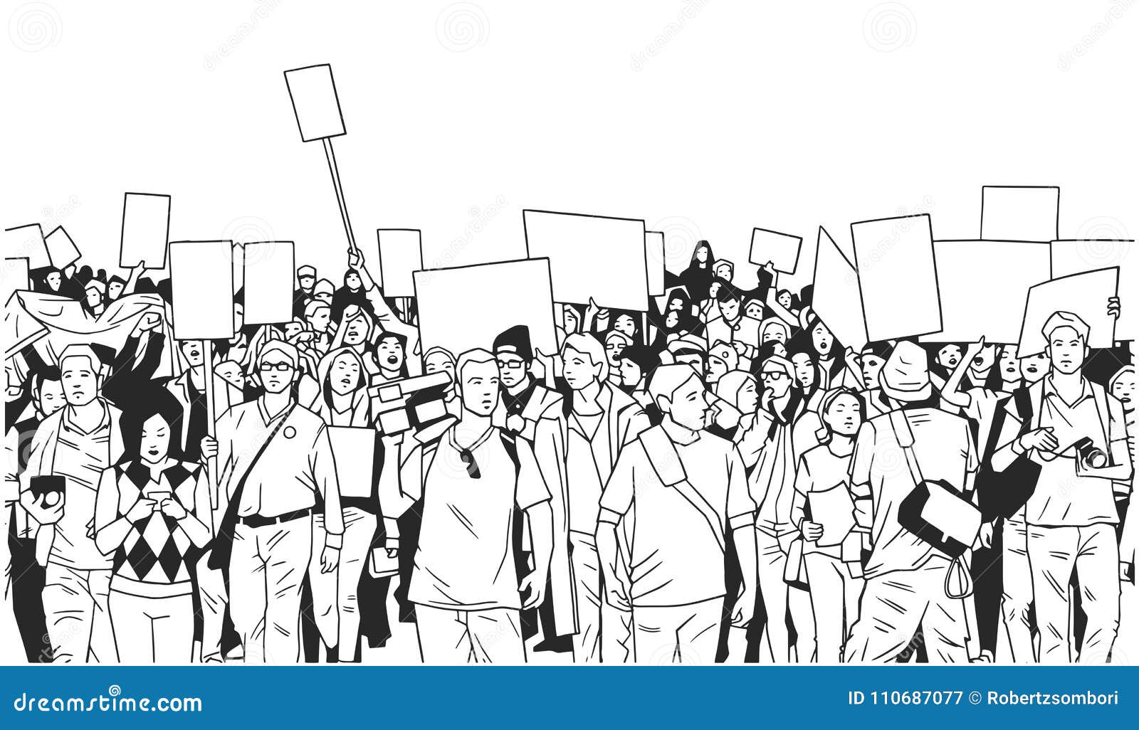 Illustration of Large Crowd of People Demonstrating with Blank Signs ...
