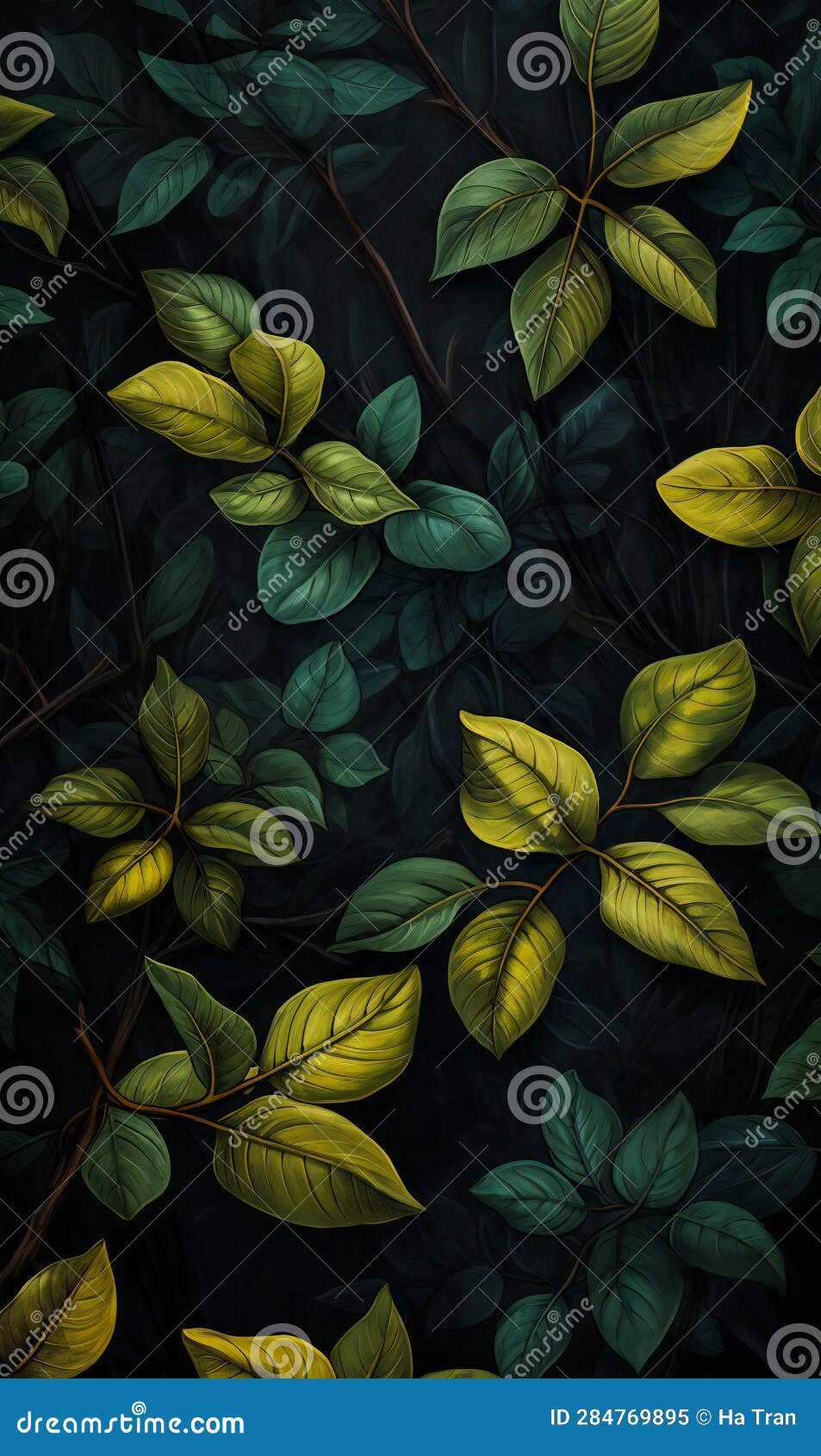 Illustration of Leaves on a Dark Background with Vignette Effect Stock ...