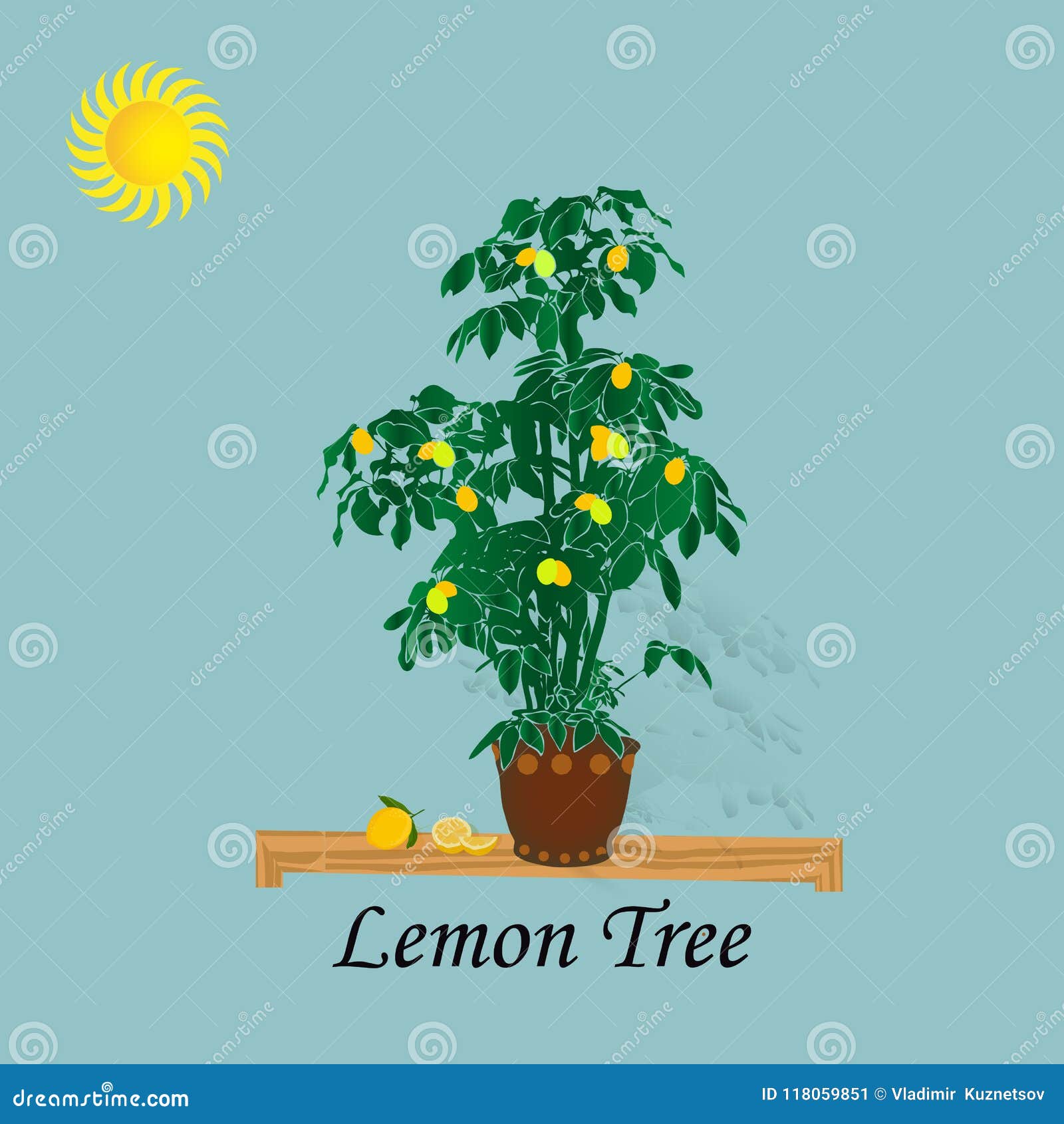 Illustration Lemon Tree on a Light Blue Background and Sun, Cart Stock ...