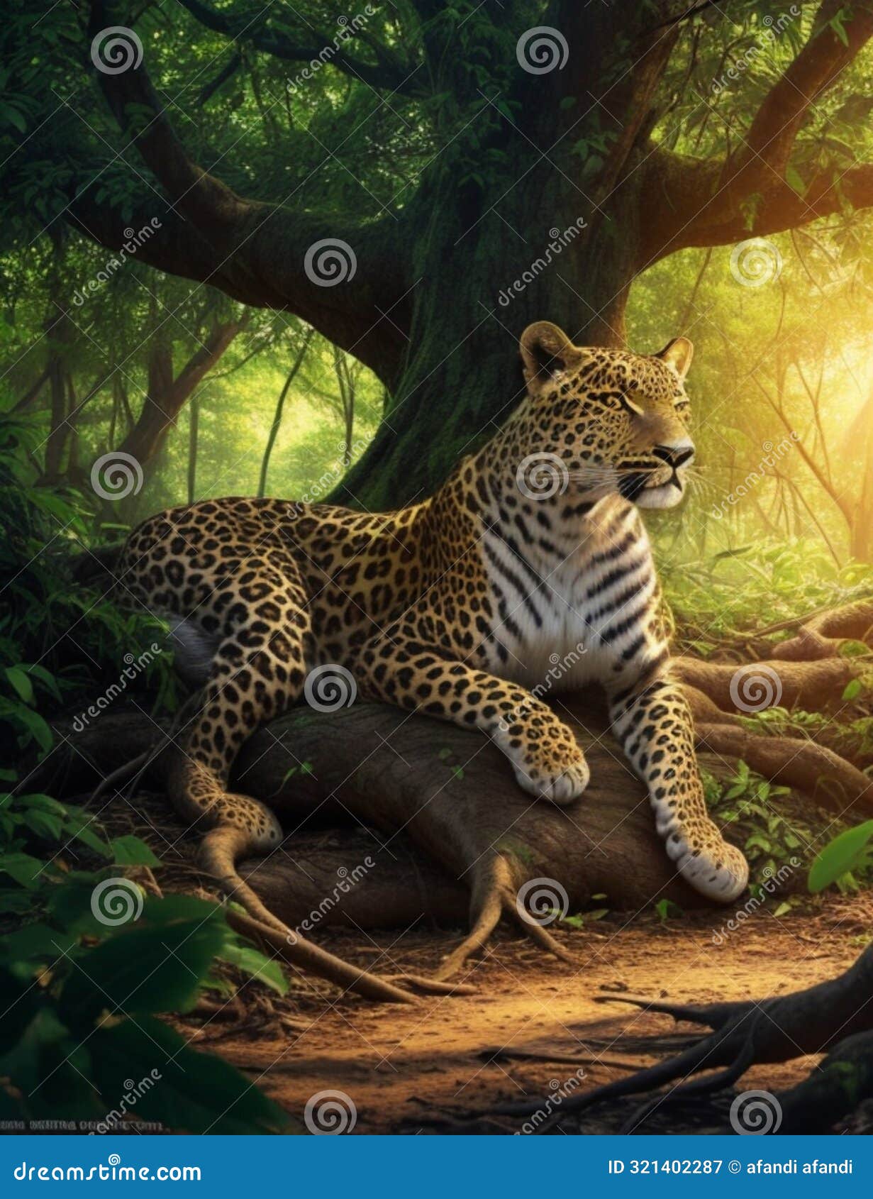 An Illustration of a Leopard Under a Large Tree with Green Leaves in ...