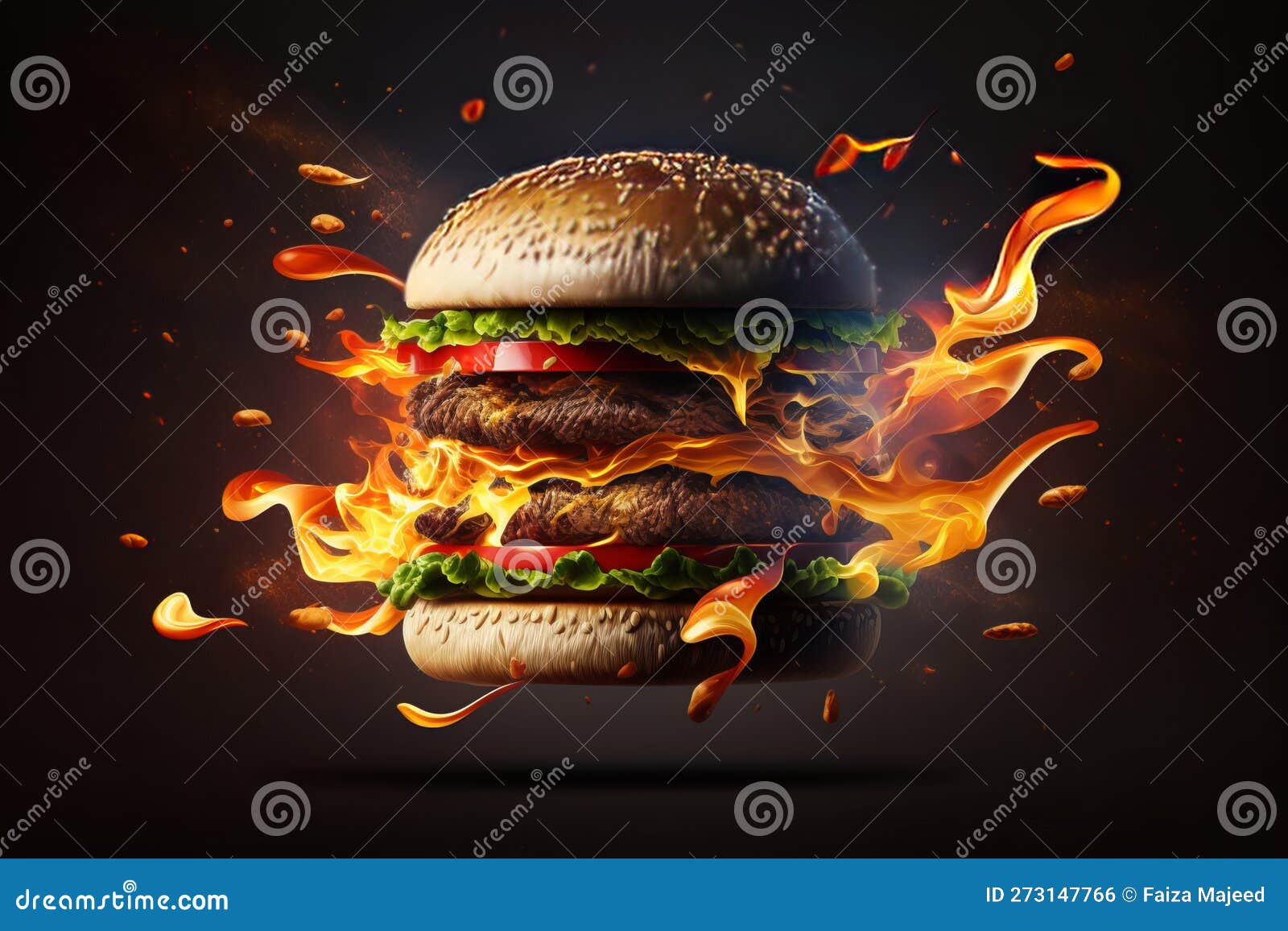Illustration of Levitating Burger on Fire on Black Background ...
