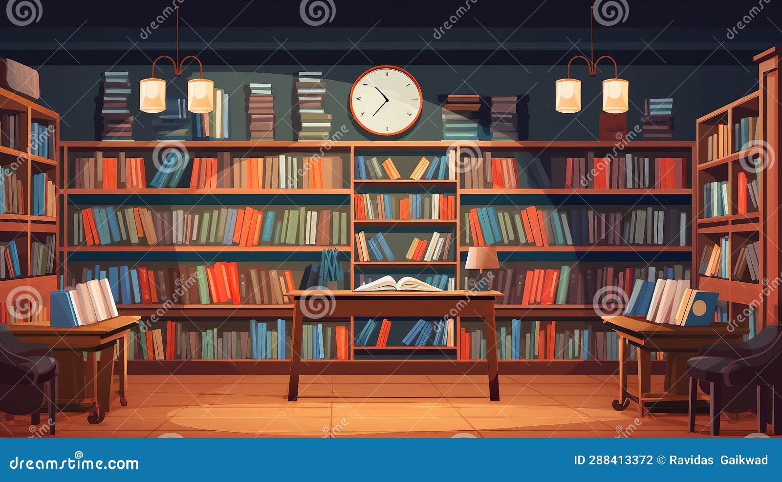 An Illustration of a Library with Bookshelves and a Clock AI Generated ...