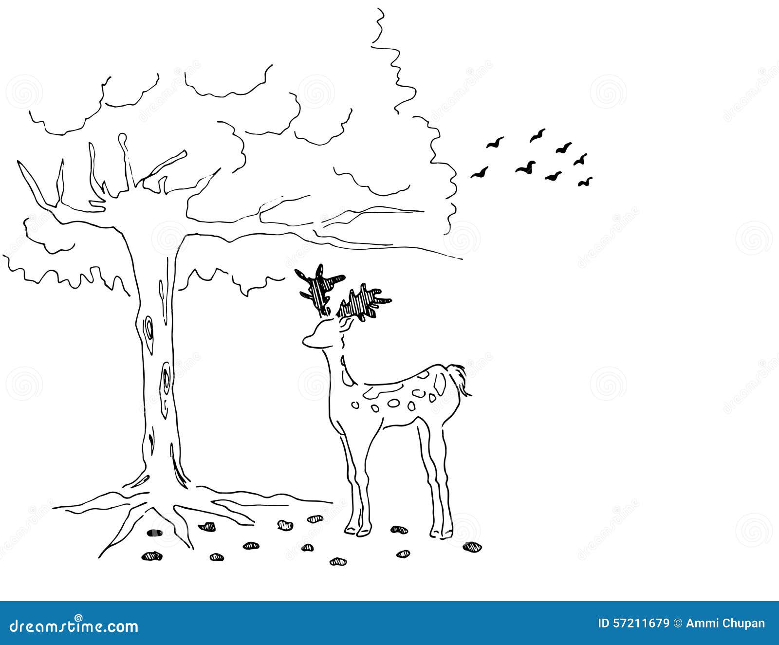 Illustration Line Art Deer with Tree Stock Illustration - Illustration ...