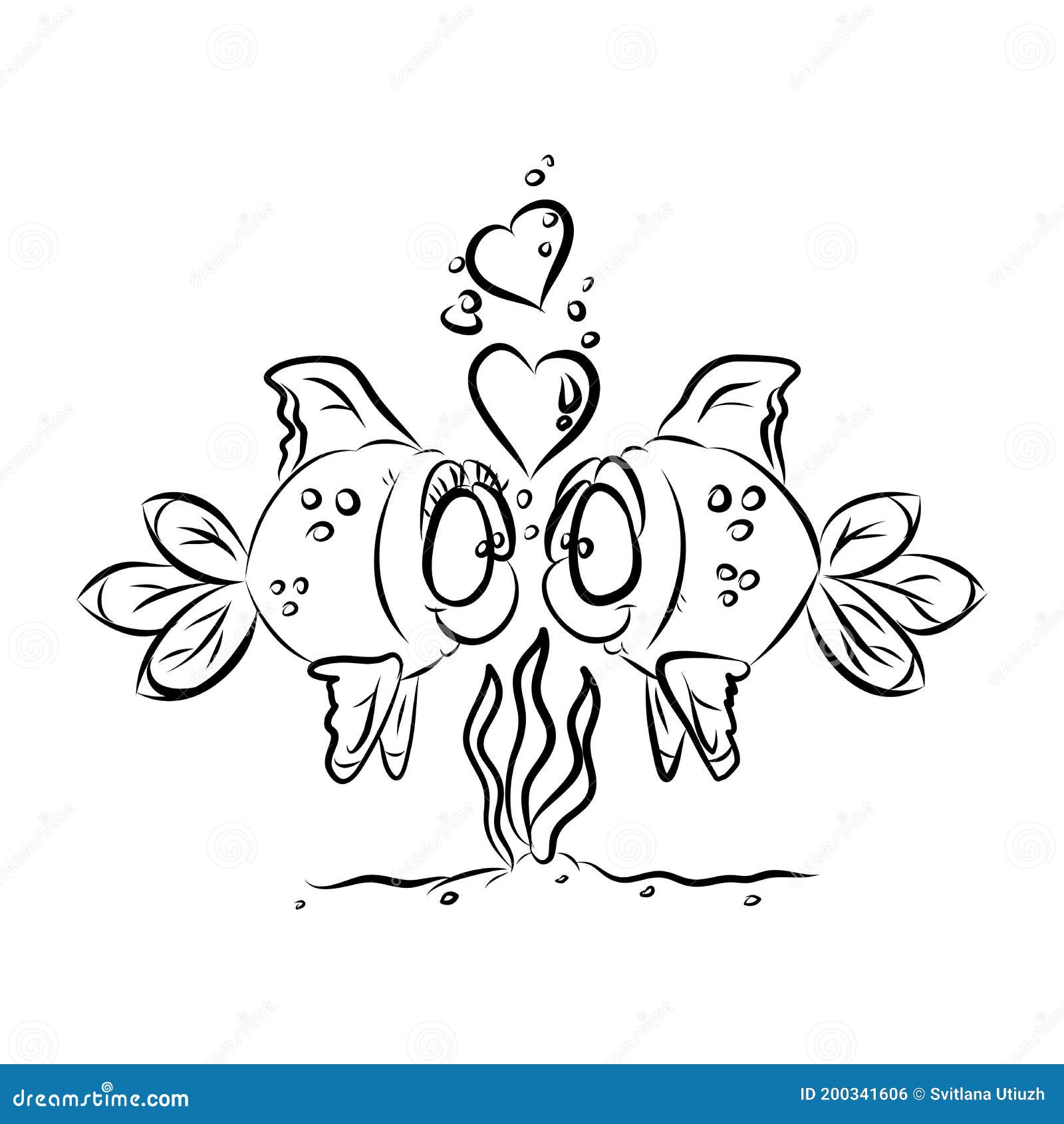 Illustration of Linear Cartoon Kissing Fish. Fish in Love. Vector ...
