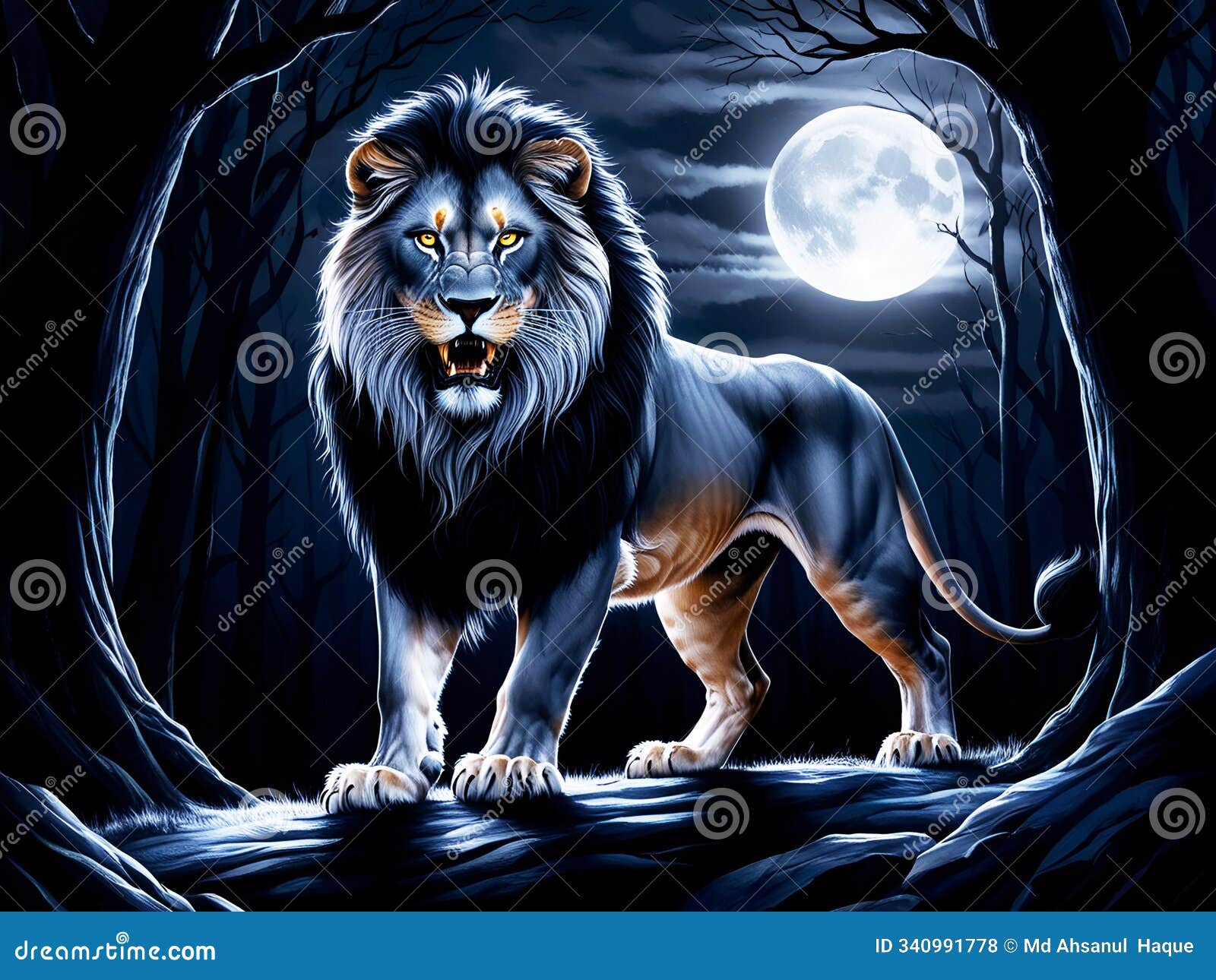 Illustration of Lion Standing in Dark Forest Shadows Stock Illustration ...