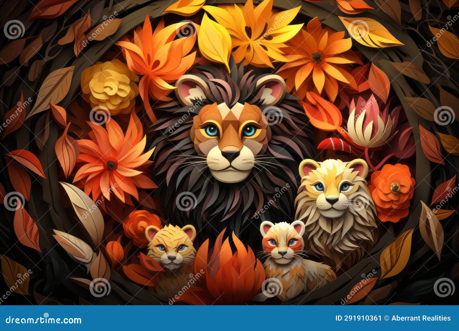 An Illustration of a Lion Surrounded by Autumn Leaves Stock ...