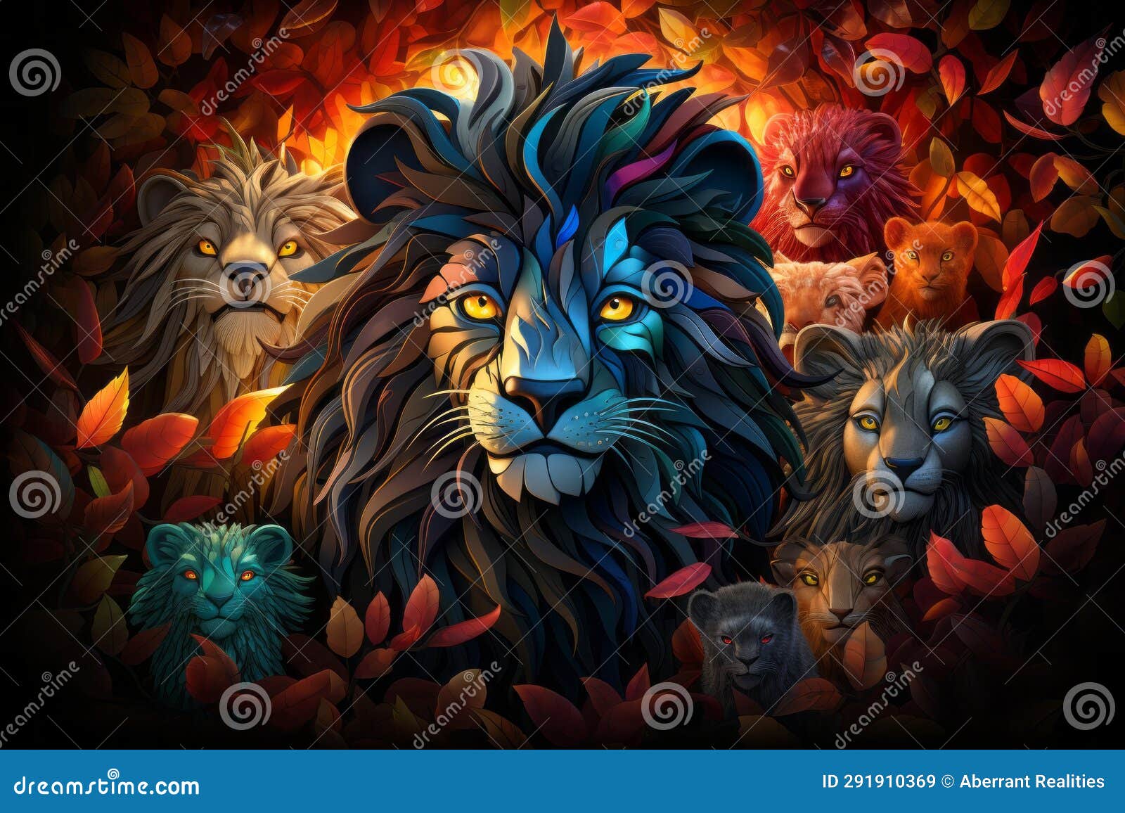 An Illustration of a Lion Surrounded by Colorful Leaves Stock ...