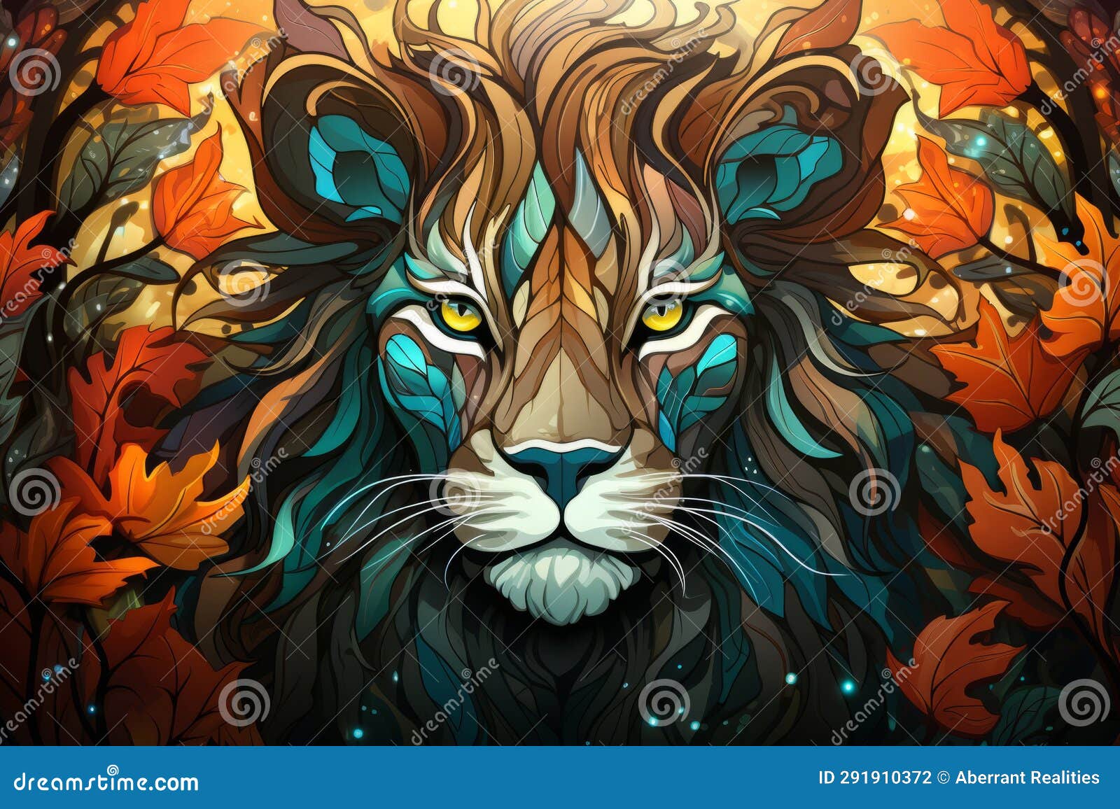 An Illustration of a Lion Surrounded by Colorful Leaves Stock ...