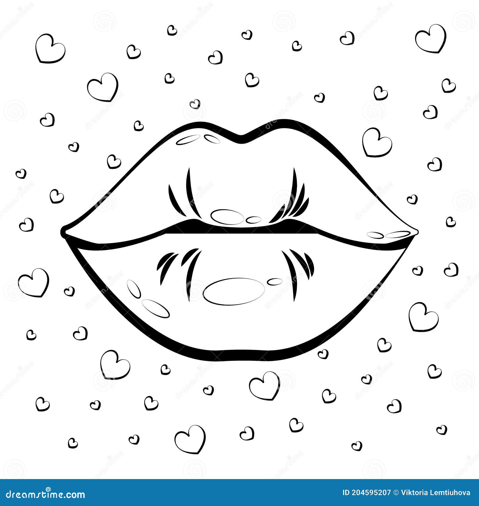Vector Illustration of Lips with Hearts in Doodle Style Stock ...