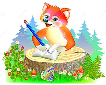 Illustration of Little Fox Learning To Write. Stock Vector ...