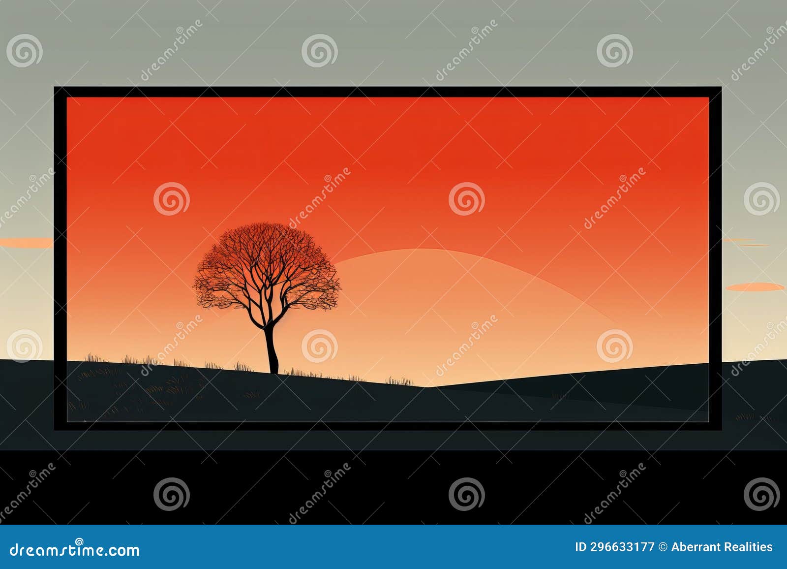 An Illustration of a Lone Tree on a Hill with a Sunset in the ...