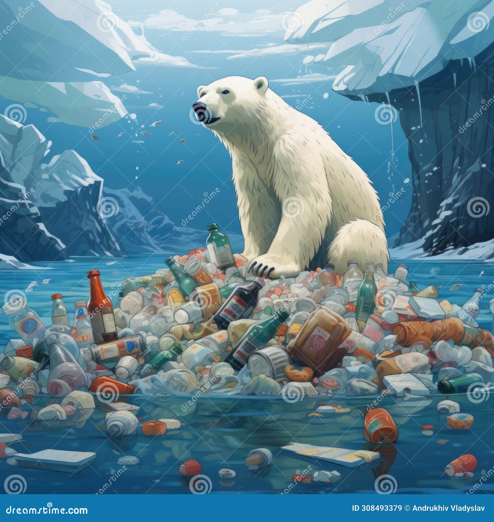 Illustration of Lonely White Bear on Iceberg, Surrounded by Garbage and ...