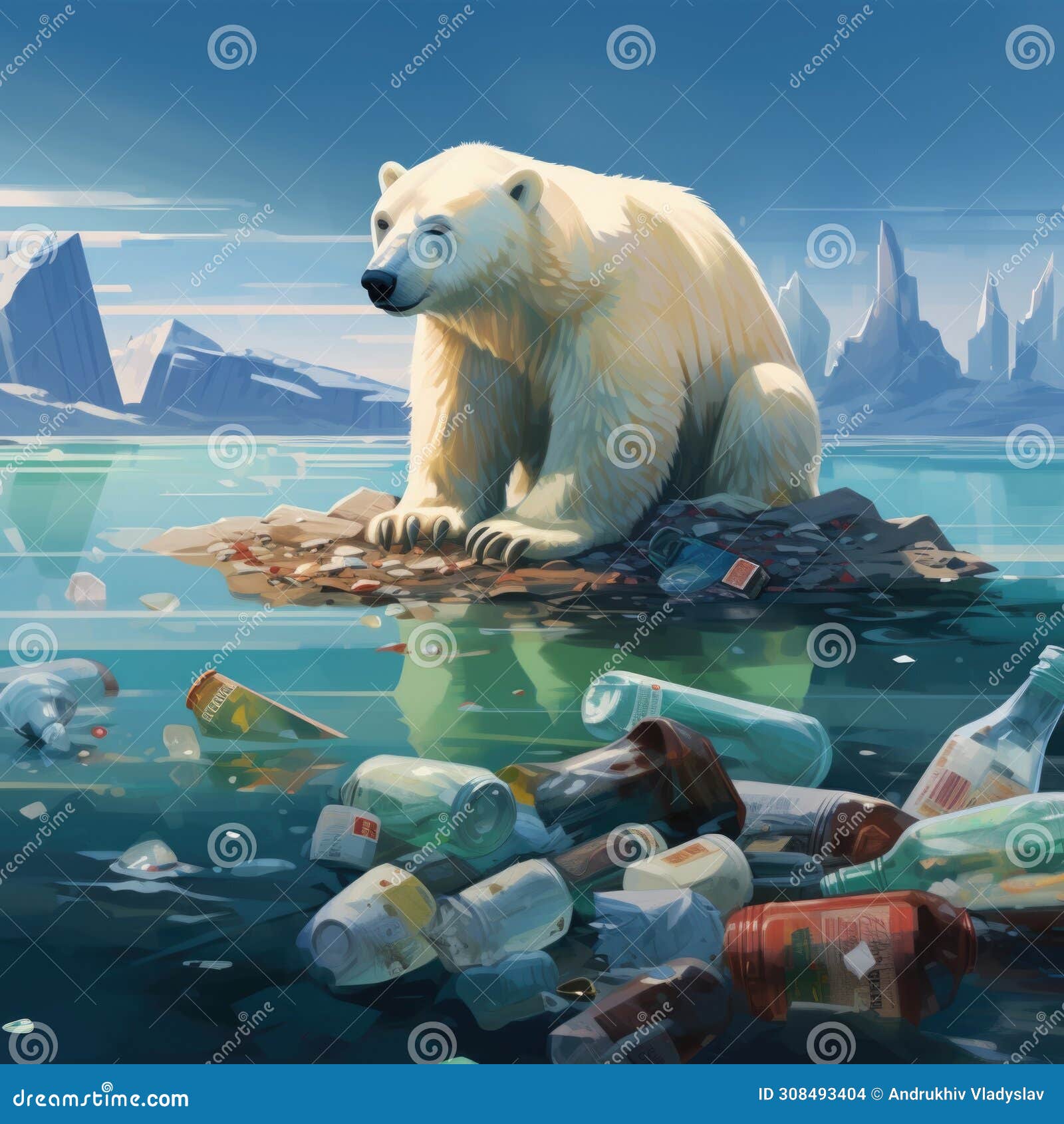 Illustration Of Lonely White Bear On Iceberg, Surrounded By Garbage And ...