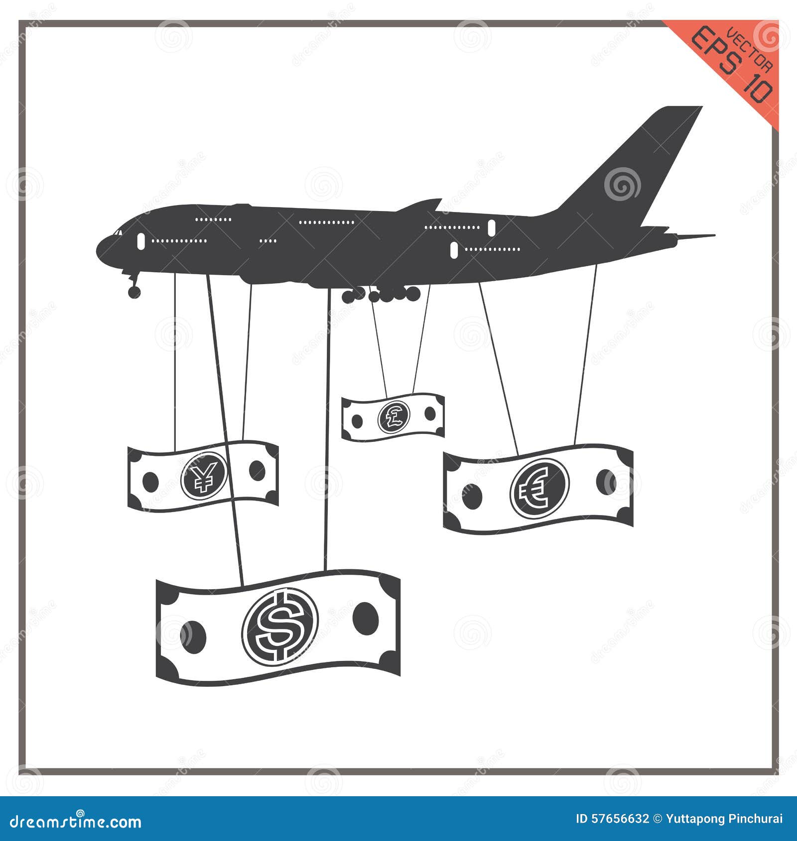 Illustration of a Long Shadow Set Banknote Icon with a Plane Black ...