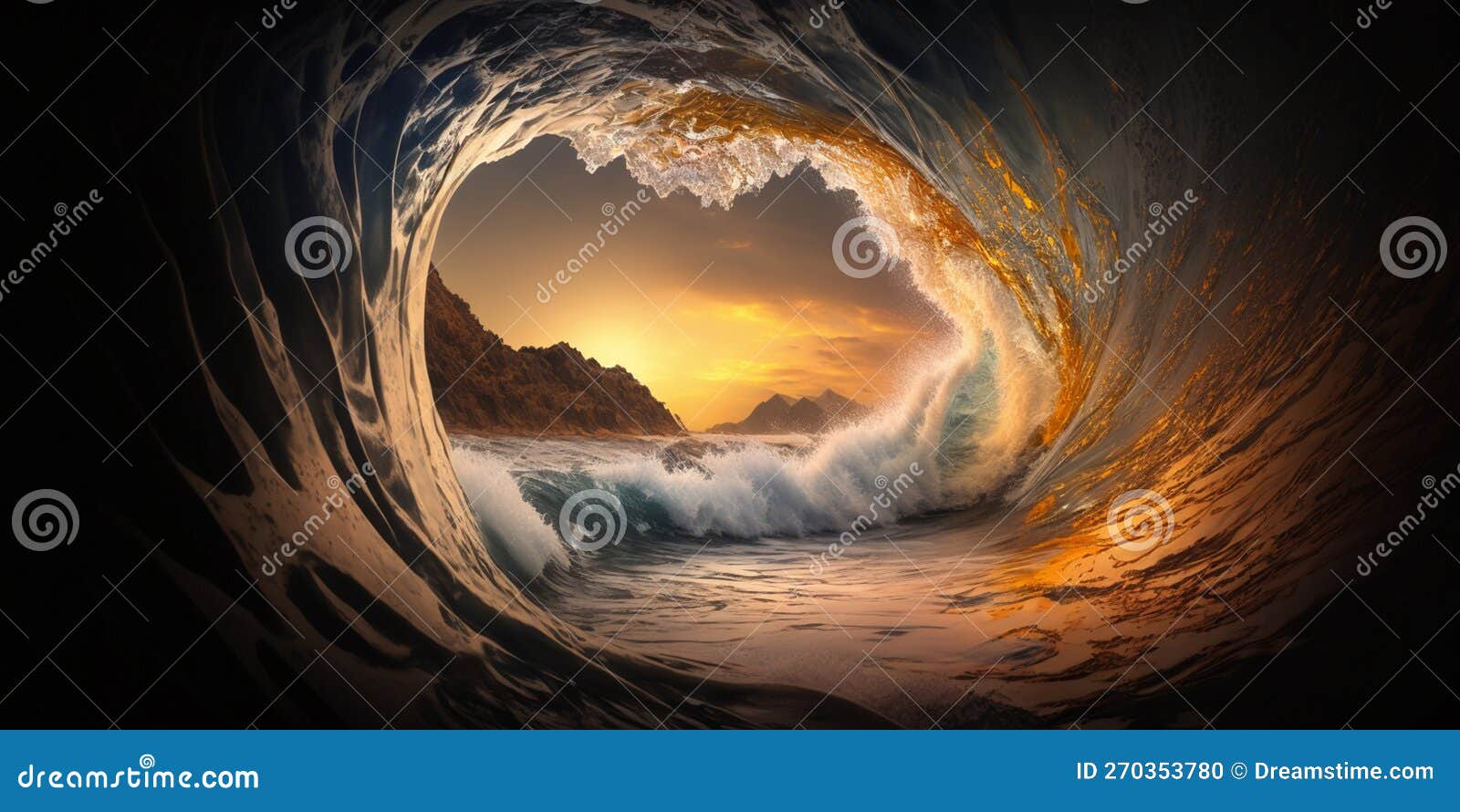 Illustration Looking through a Dramatic Ocean Wave at Sunset AI ...