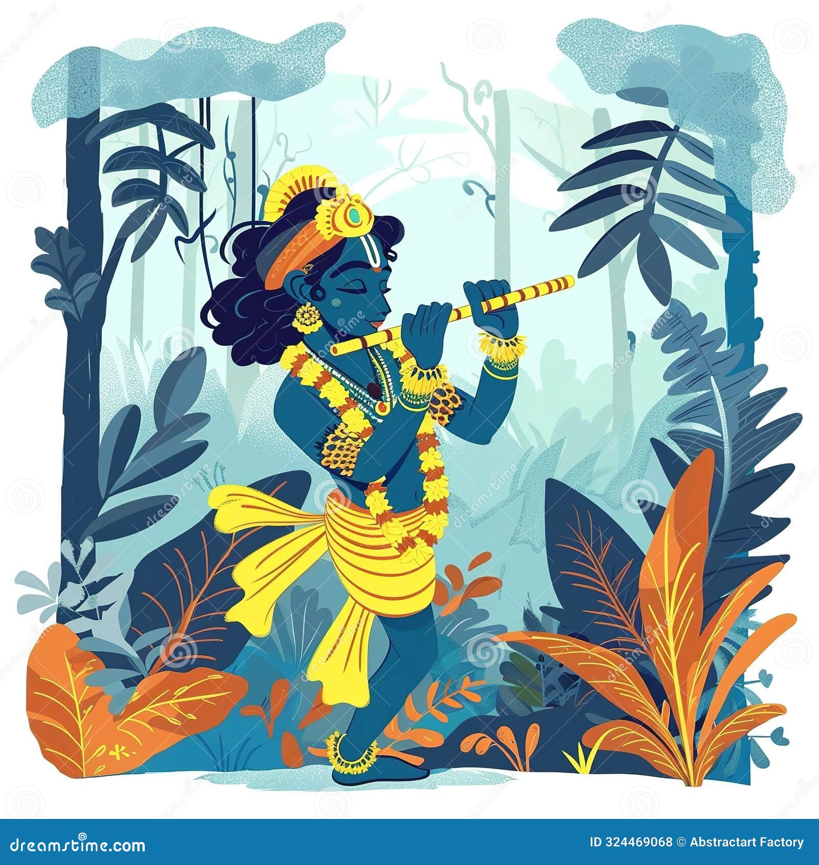 Illustration of Lord Krishna Playing Flute Under the Tree in a Forest ...