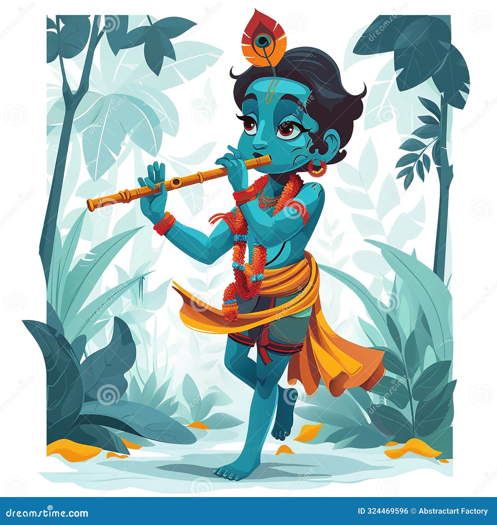 Illustration of Lord Krishna Playing Flute Under the Tree in a Forest ...
