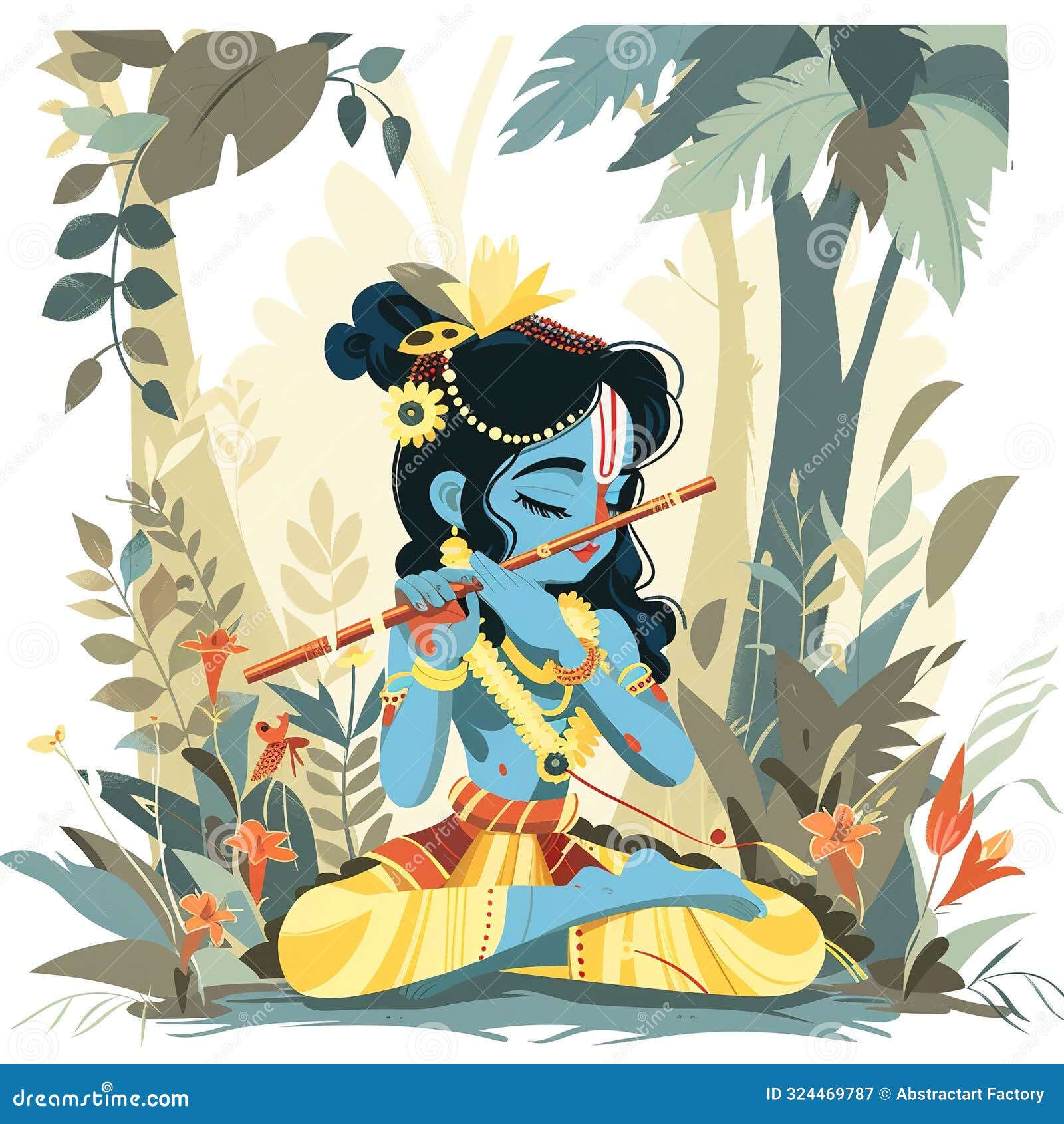 Illustration of Lord Krishna Playing Flute Under the Tree in a Forest ...